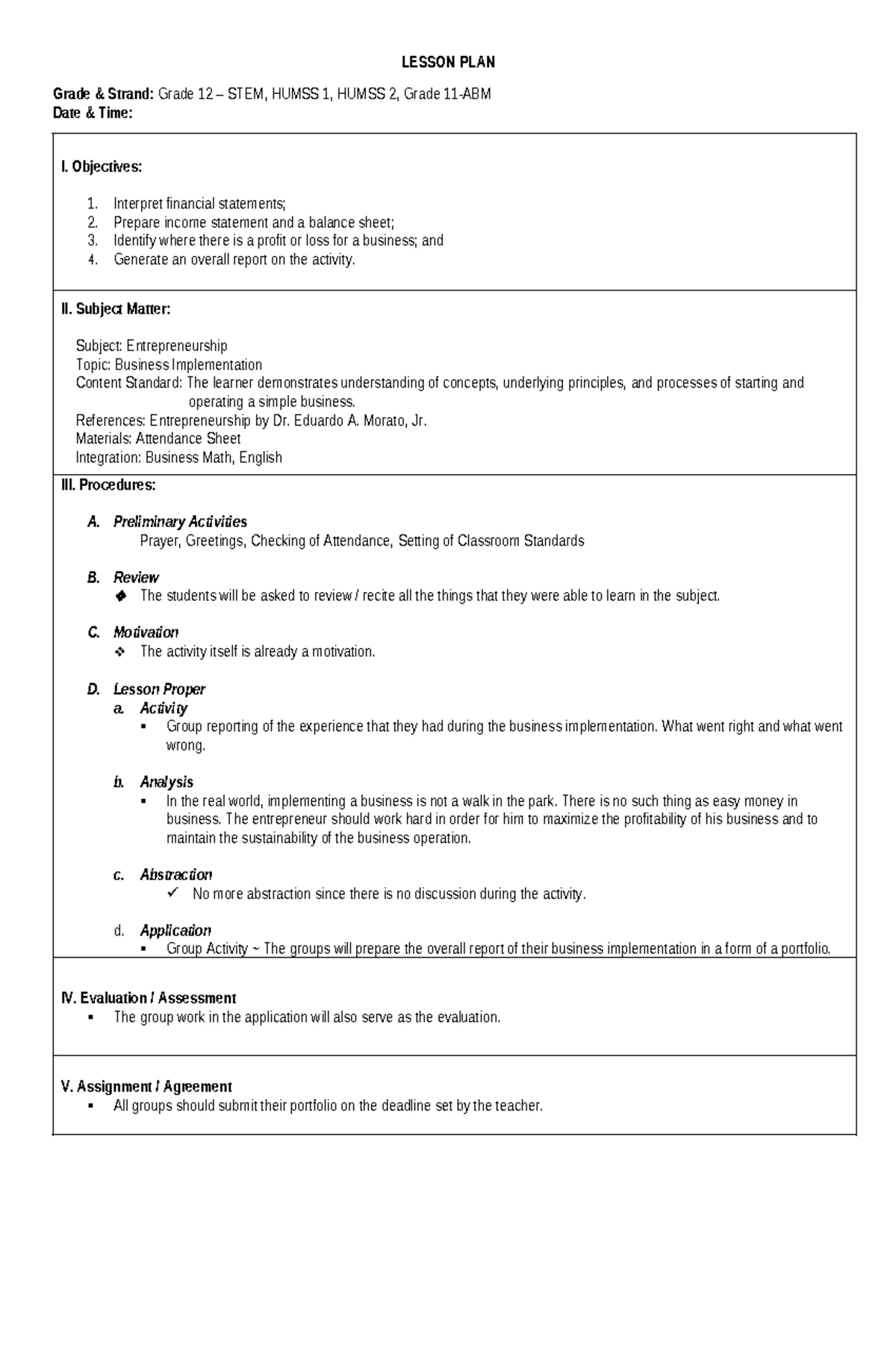 Lesson Plan in Entrepreneurship (ENTREP 101): Objectives & Activities ...