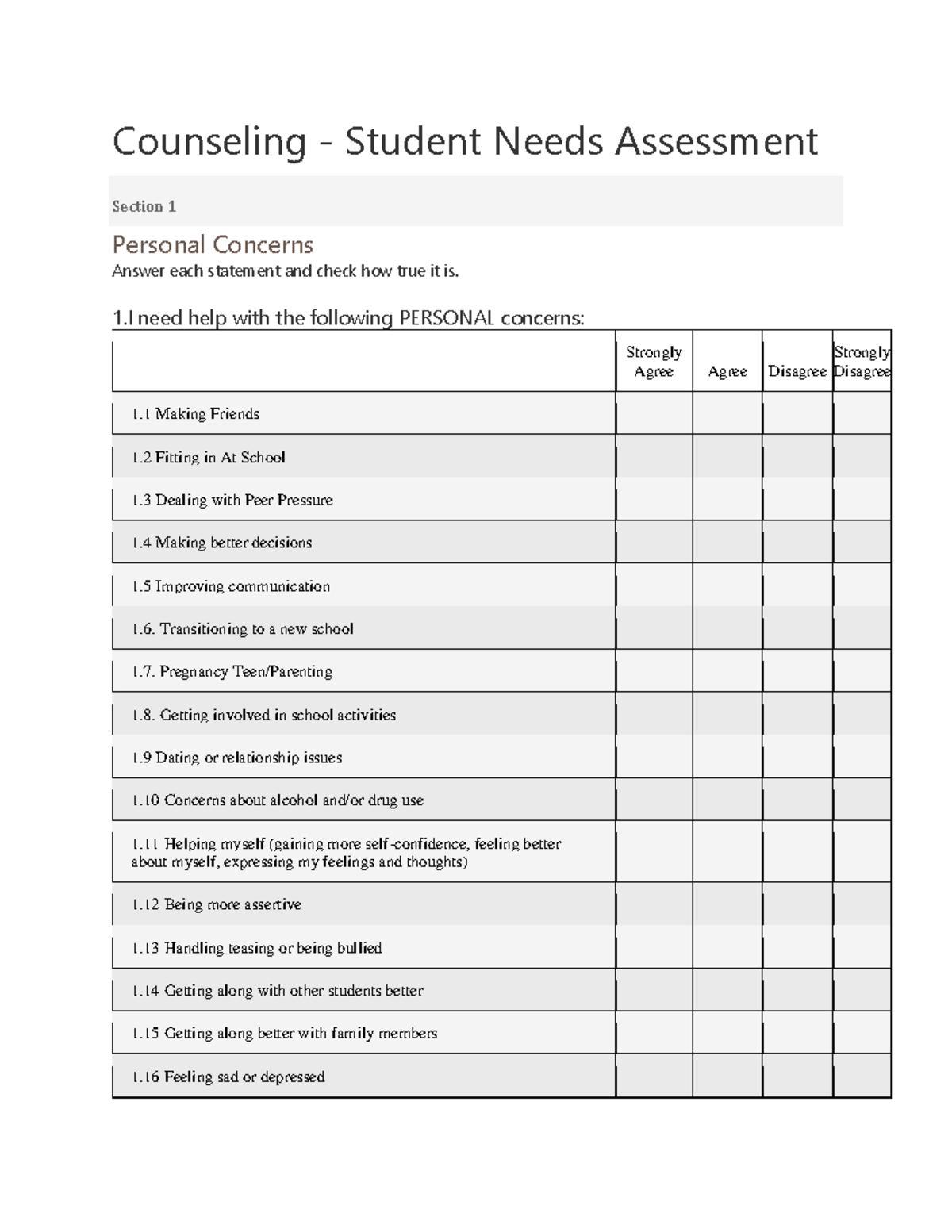 Counseling Student Needs Assessment - Counseling - Student Needs ...