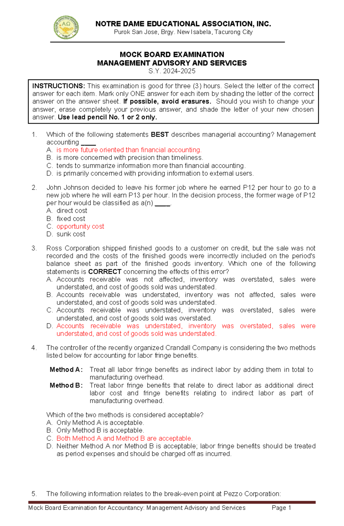 Mock Board Exam for Accountancy: Management Advisory & Services S.Y ...