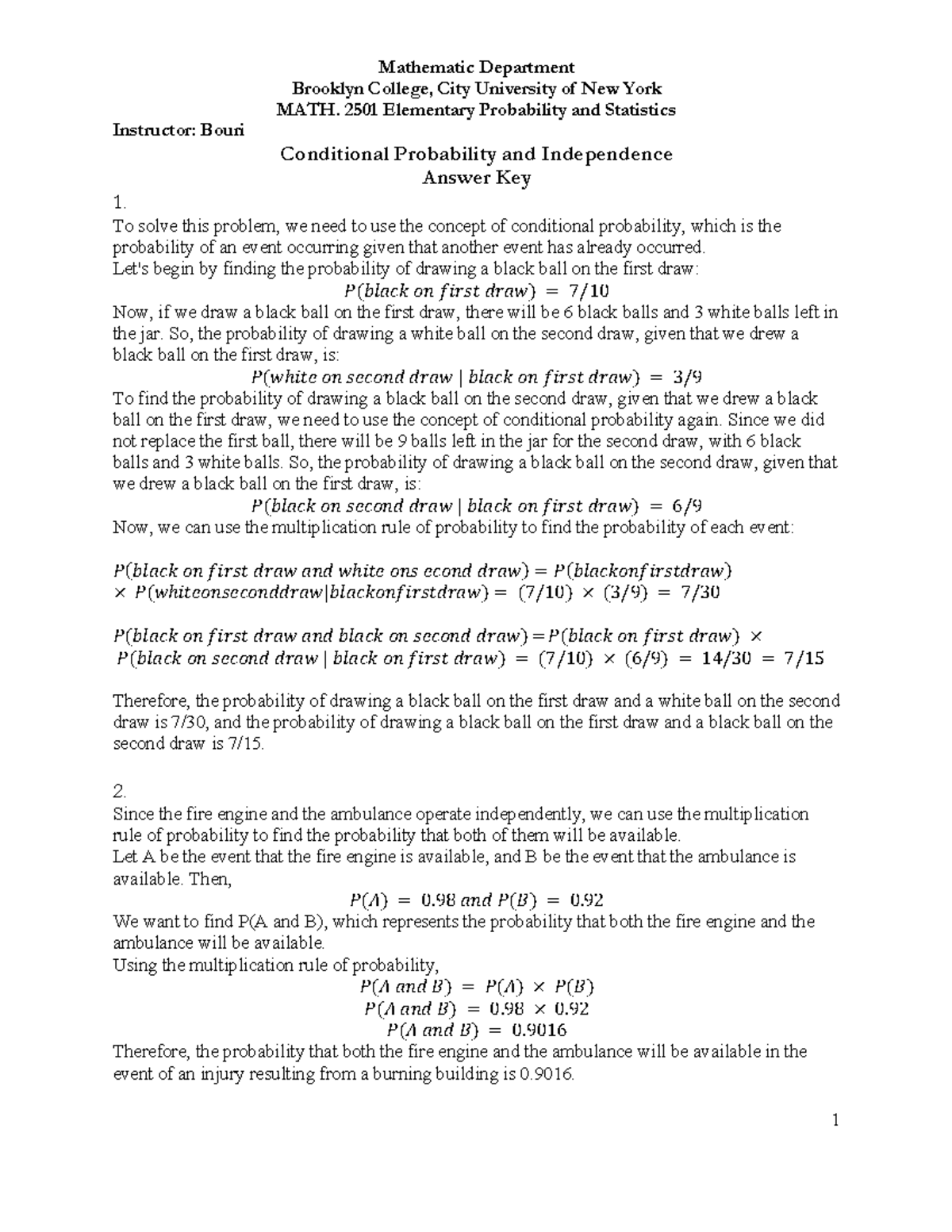 Answer HW 5-Conditional Probability and Independence PDF - Mathematic ...