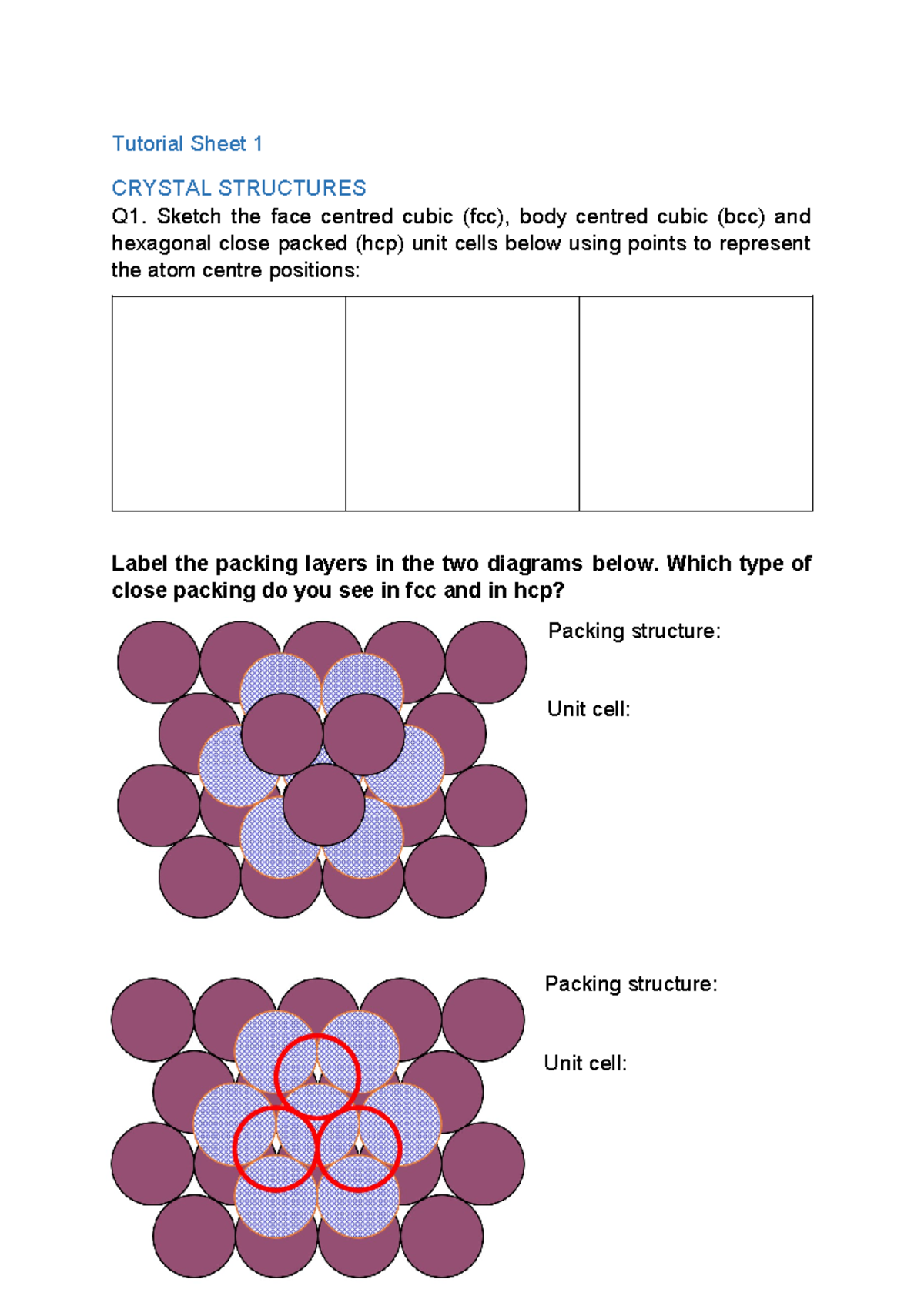 Tutorial 1 Crystal Structures, Planes and Directions - Tutorial Sheet 1 ...