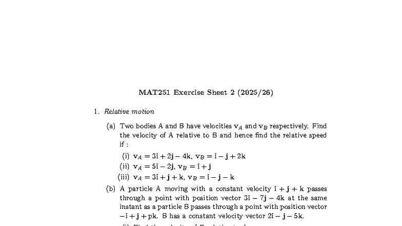 MAT251 Exercise Sheet 2: Relative Motion and Projectiles - Studocu