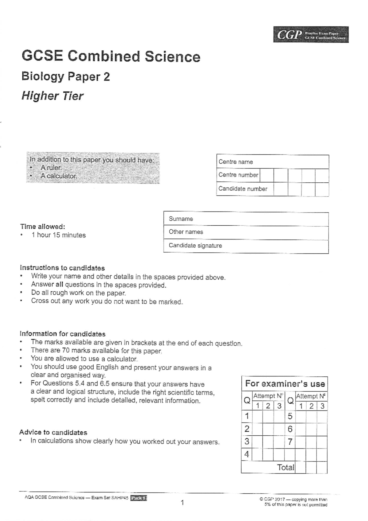 AQA GCSE Combined Science Biology Paper 2 Practice Exam Set 1 - Studocu