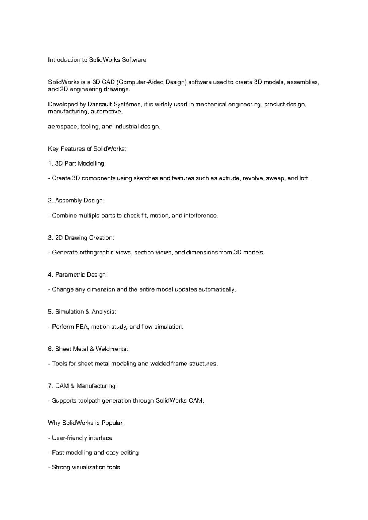 Introduction to SolidWorks Software Overview and Key Features - Studocu