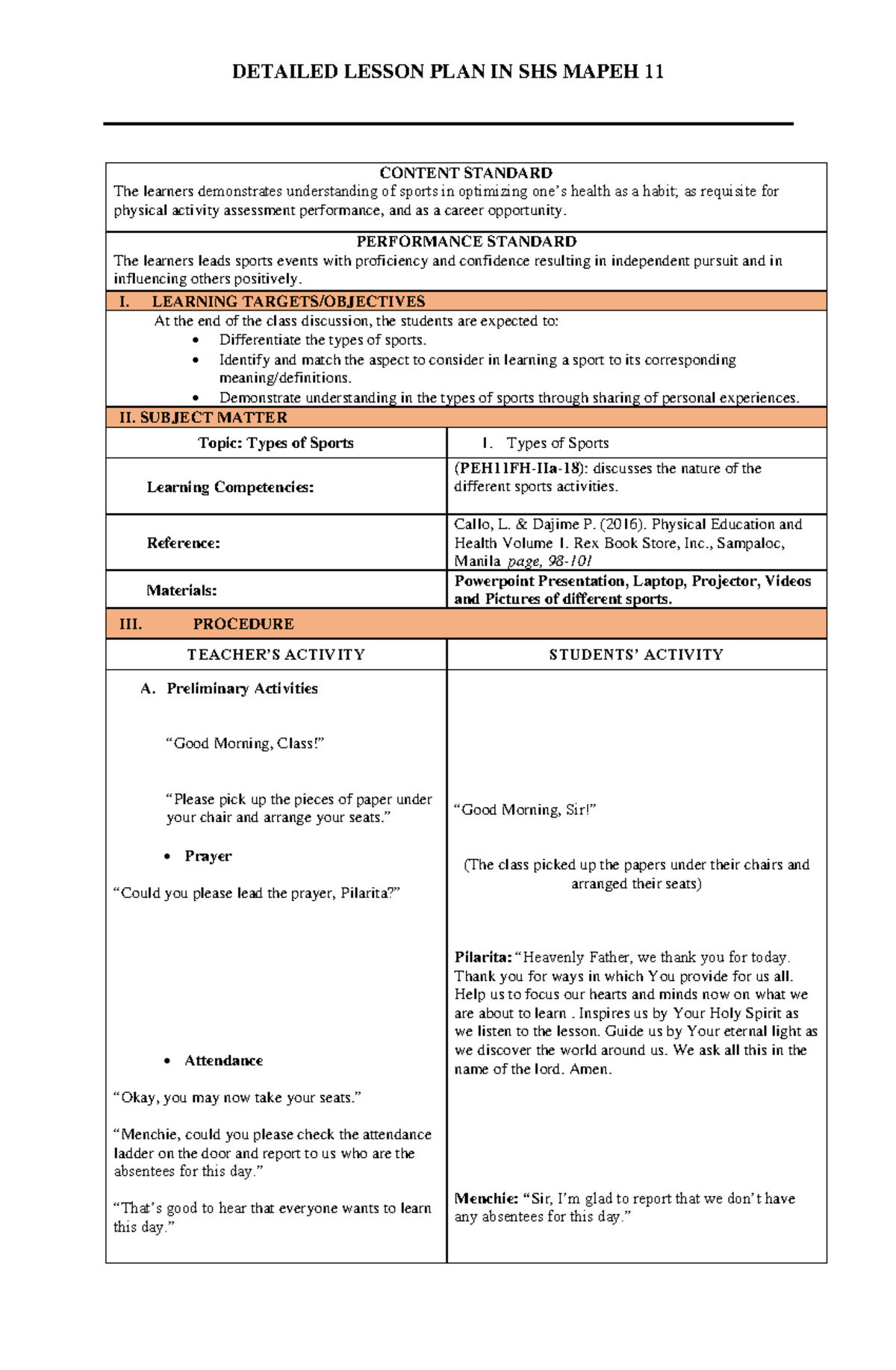 Detailed Lesson Plan (DLP) for SHS MAPEH 11: Types of Sports - Studocu