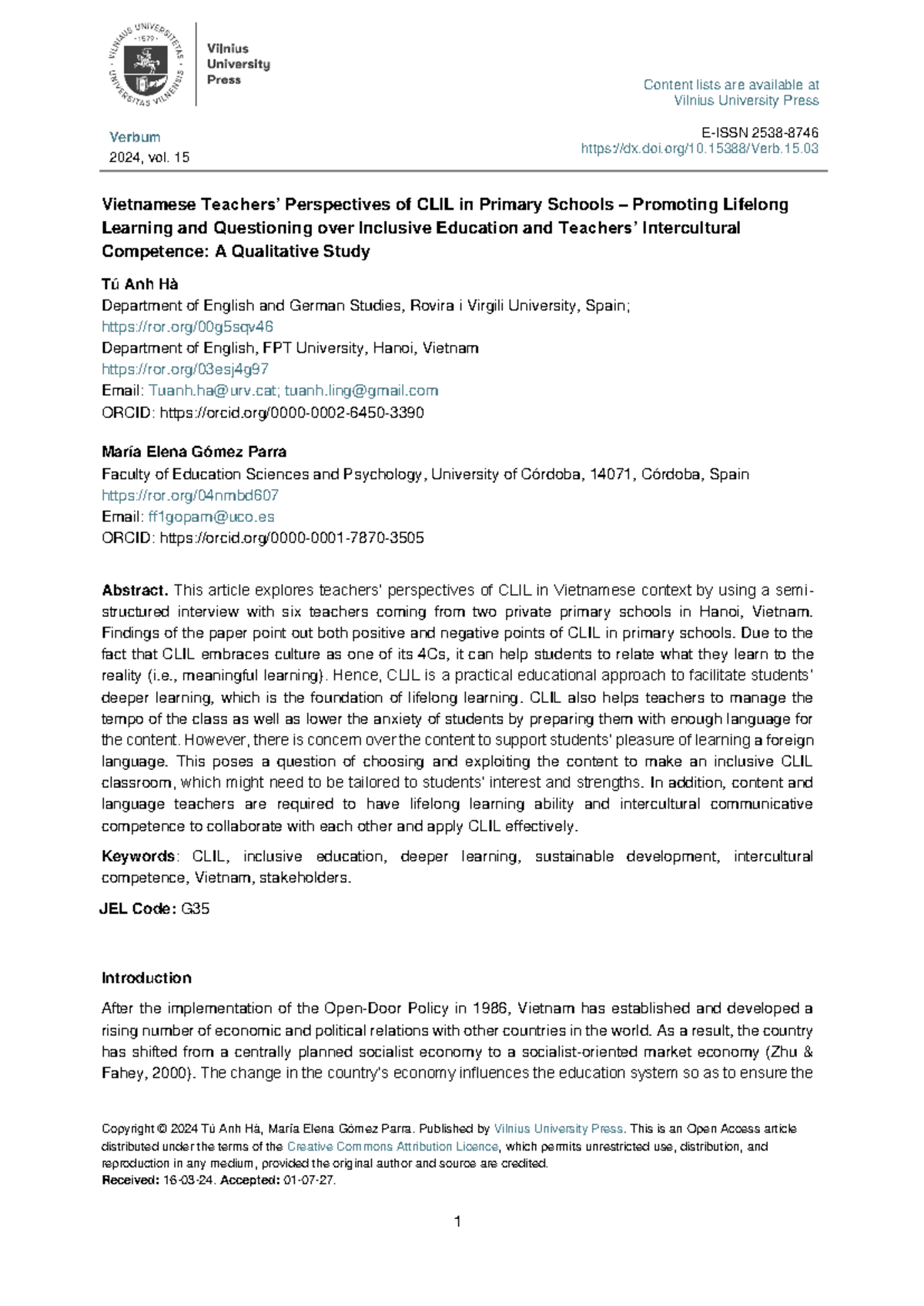Vietnamese Perspectives on CLIL in Primary Education: A Qualitative ...