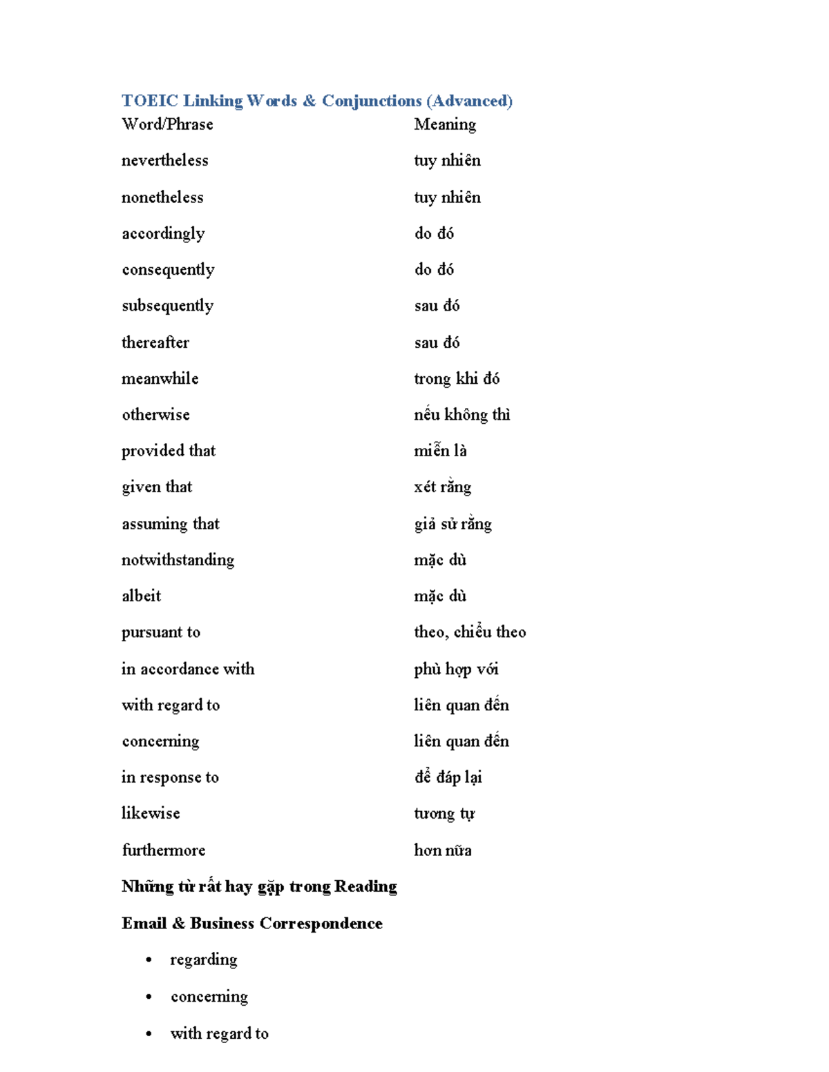 TOEIC Advanced Linking Words & Conjunctions Guide - Studocu