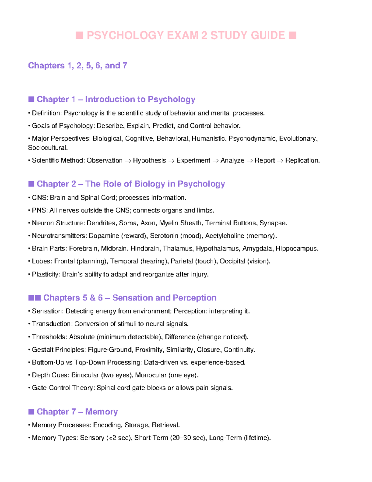 PSY 101 Exam 2 Study Guide: Ch. 1, 2, 5, 6 & 7 Overview - Studocu