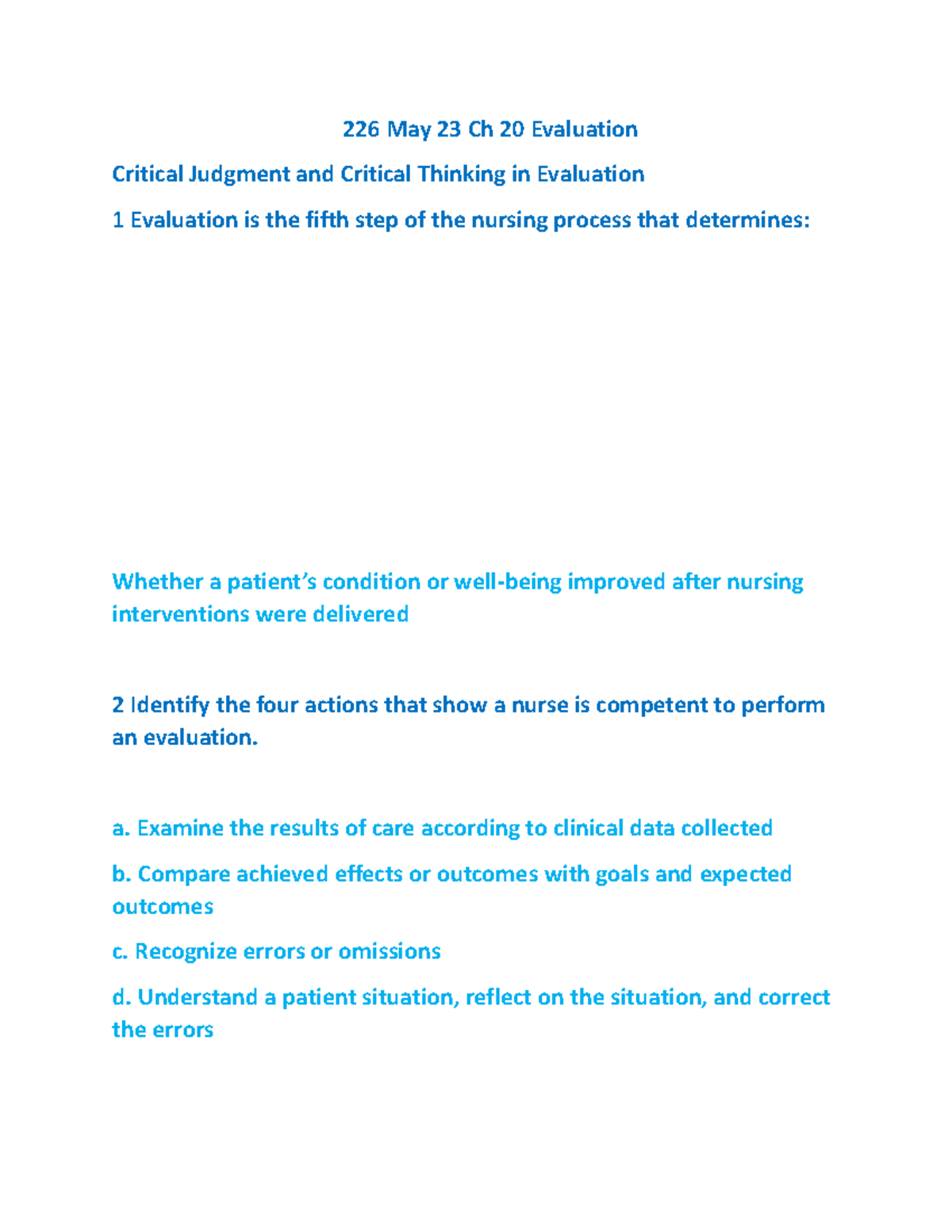 NR103 Evaluation of Nursing Interventions: Critical Thinking Insights - Studocu
