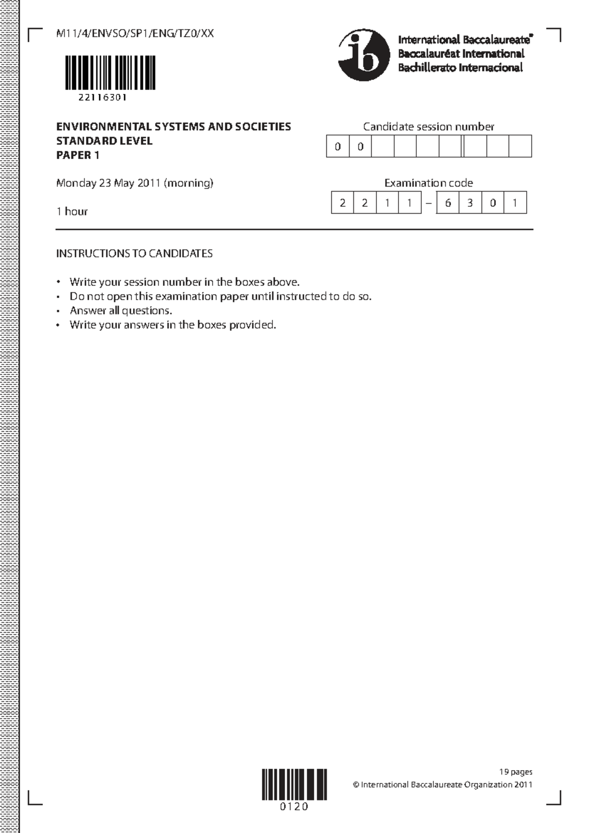 Environmental Systems and Societies SL paper 1 - 19 pages M11/4/ENVSO ...
