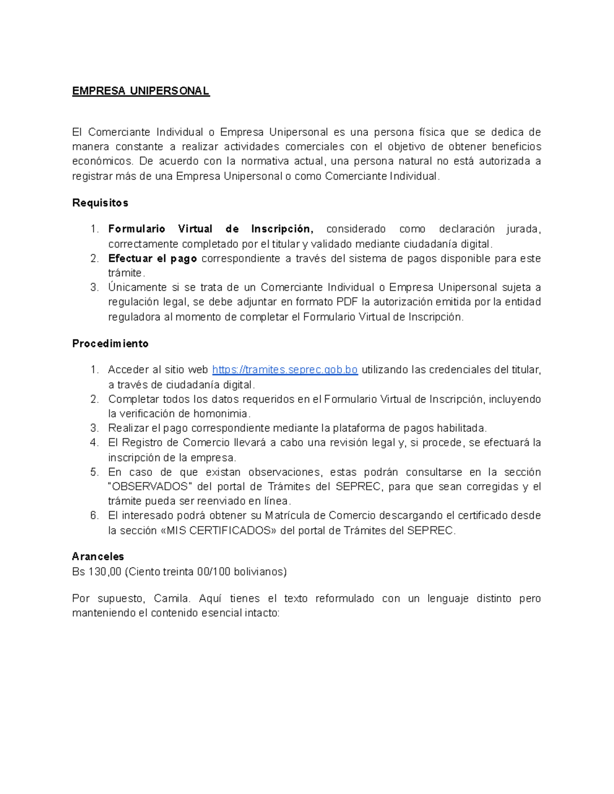 Trámite de Inscripción para Empresa Unipersonal - Guía Completa - Studocu