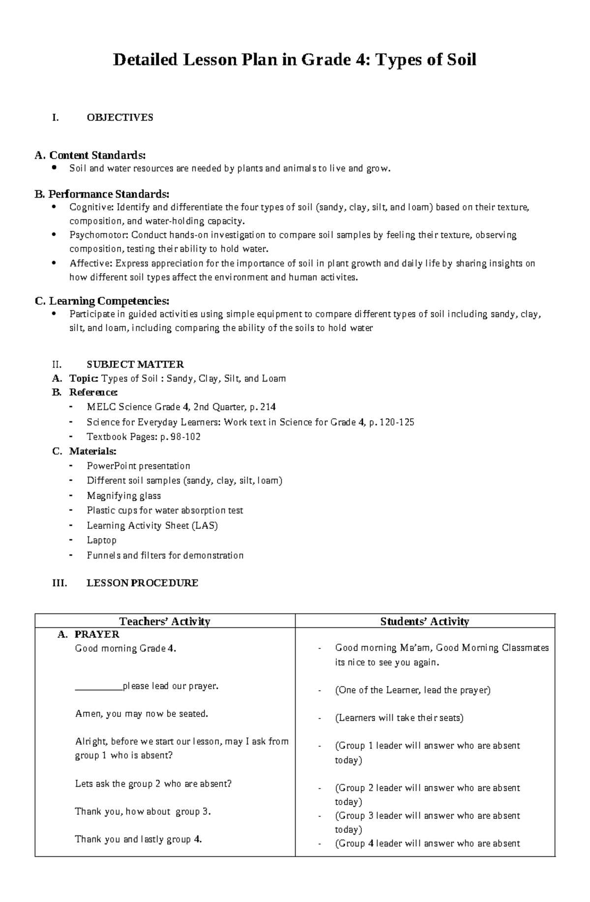 Detailed Lesson Plan in Science 4: Exploring Types of Soil - Studocu
