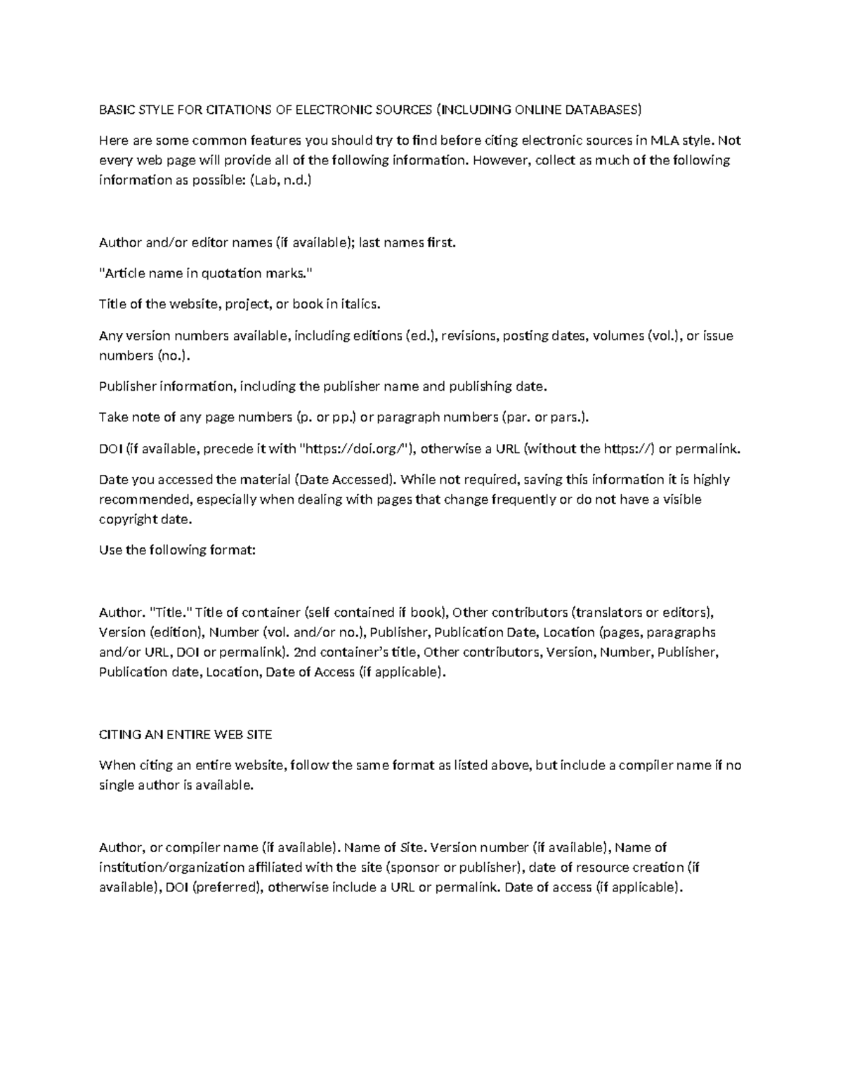 Basic MLA Style for Citing Electronic Sources & Databases - Studocu