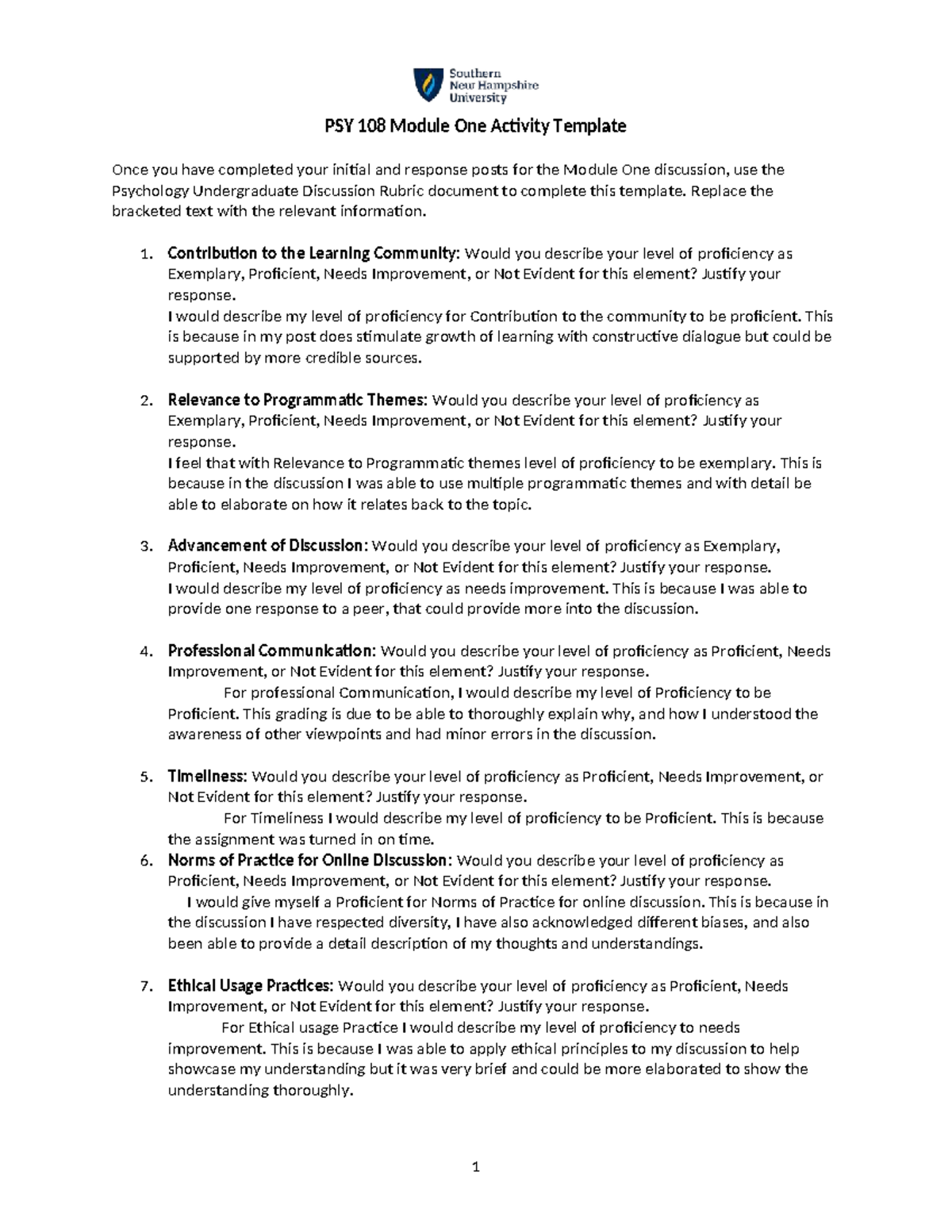 PSY 108 Module One Discussion Proficiency Assessment Template - Studocu