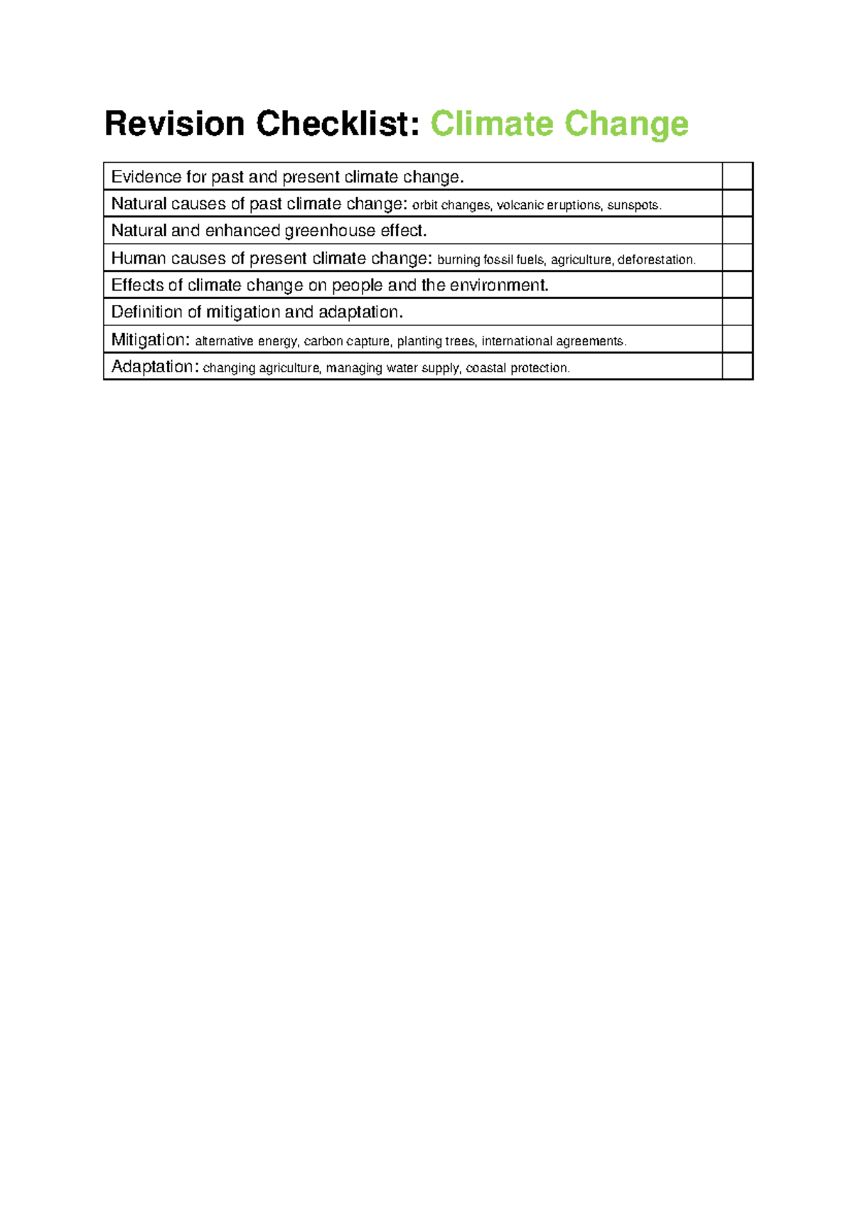 Climate Change revision checklist - Revision Checklist: Climate Change ...