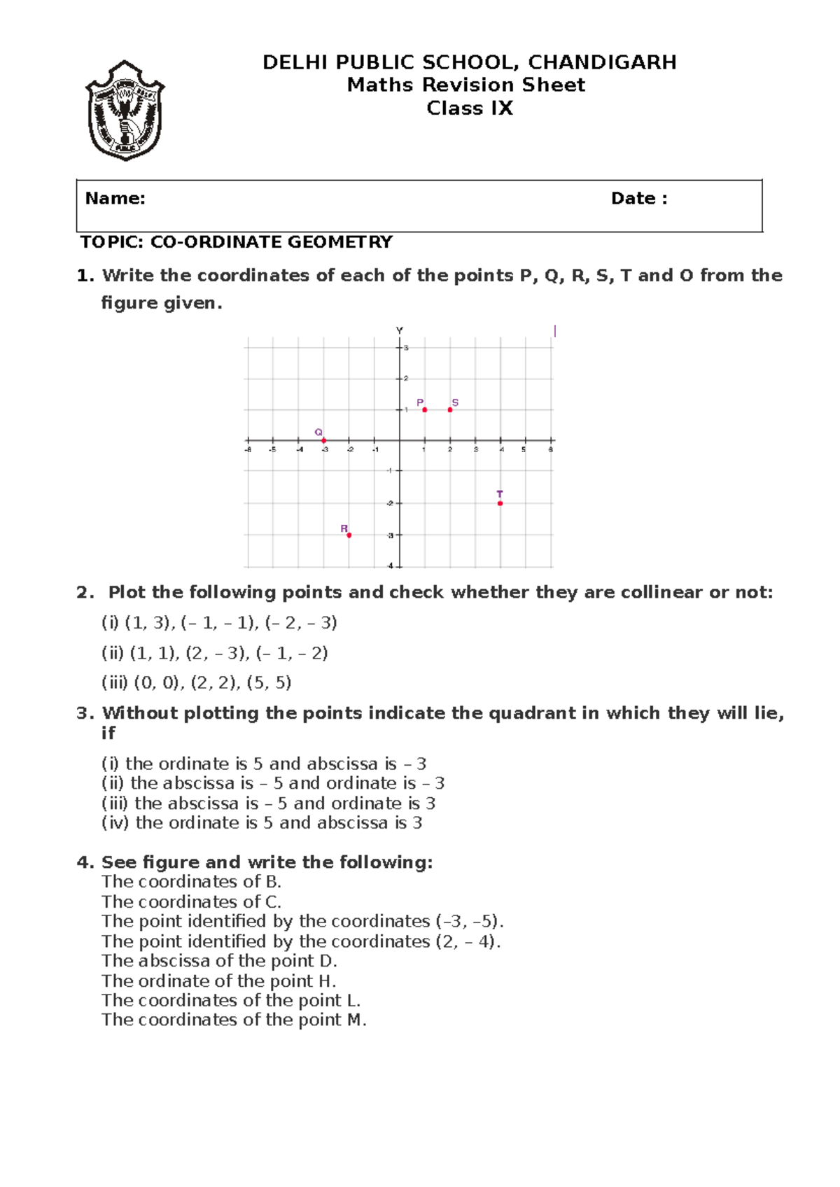 Maths Revision Sheet Class IX: Geometry Coordinates & Plotting - Studocu