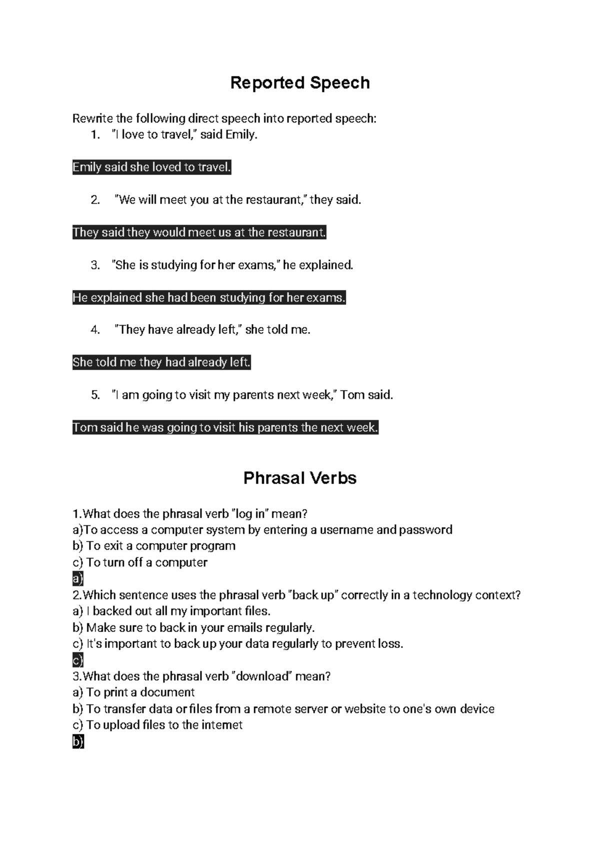 Reported Speech and Phrasal Verbs Exercises for ESL Learners - Studocu