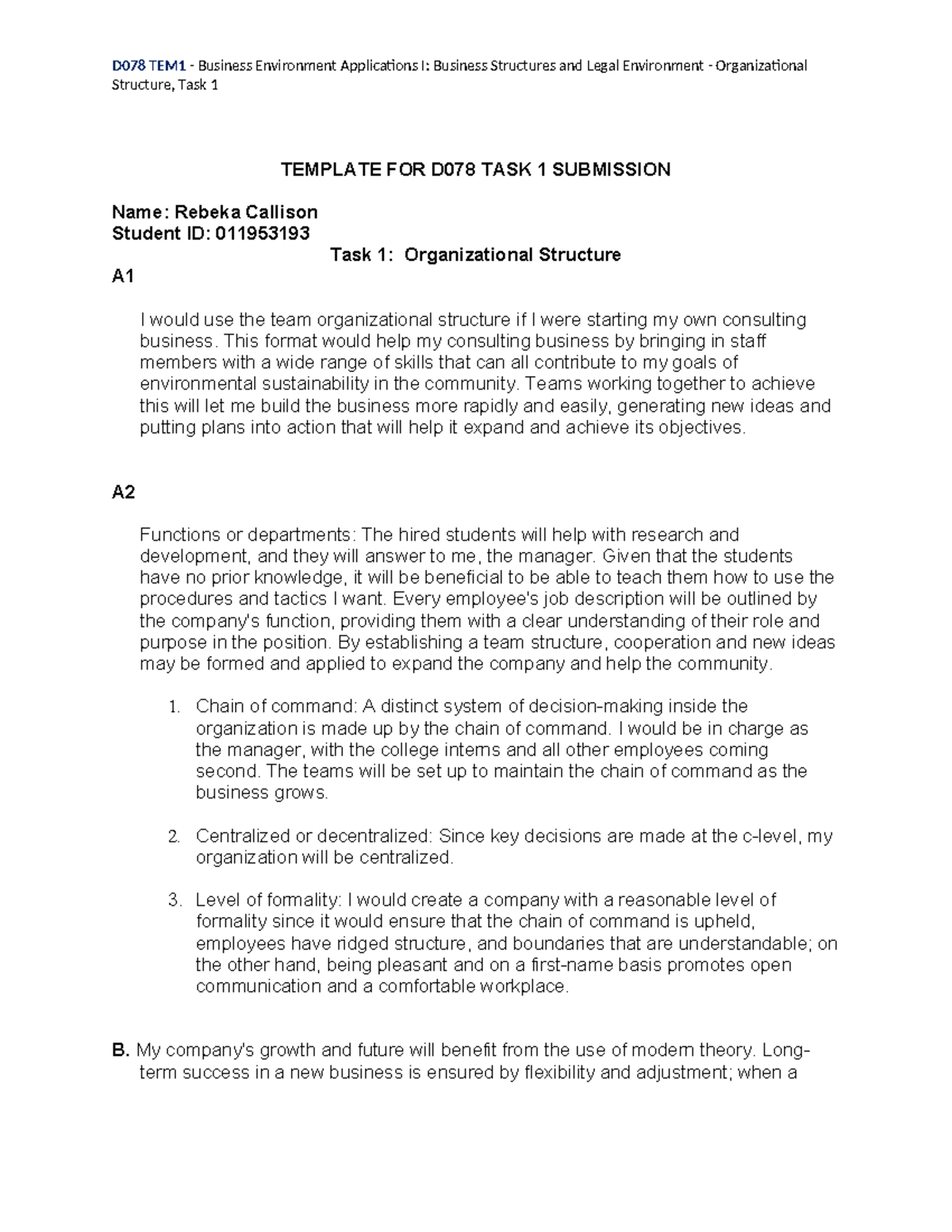 D078 - Task 1 Template: Org Structure for Sustainable Consulting ...