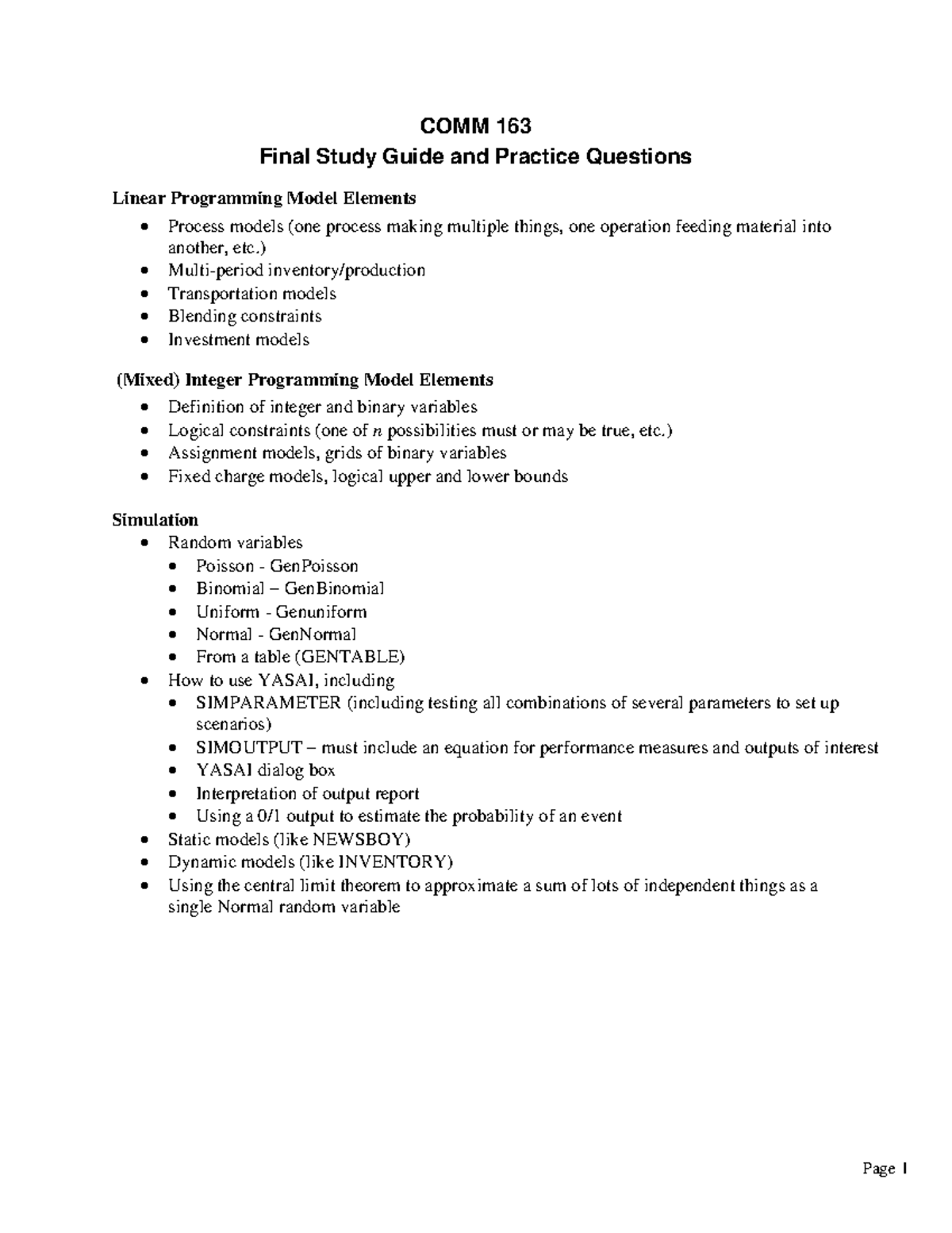 COMM 163 Final Exam Study Guide: Linear Programming & Models - Studocu