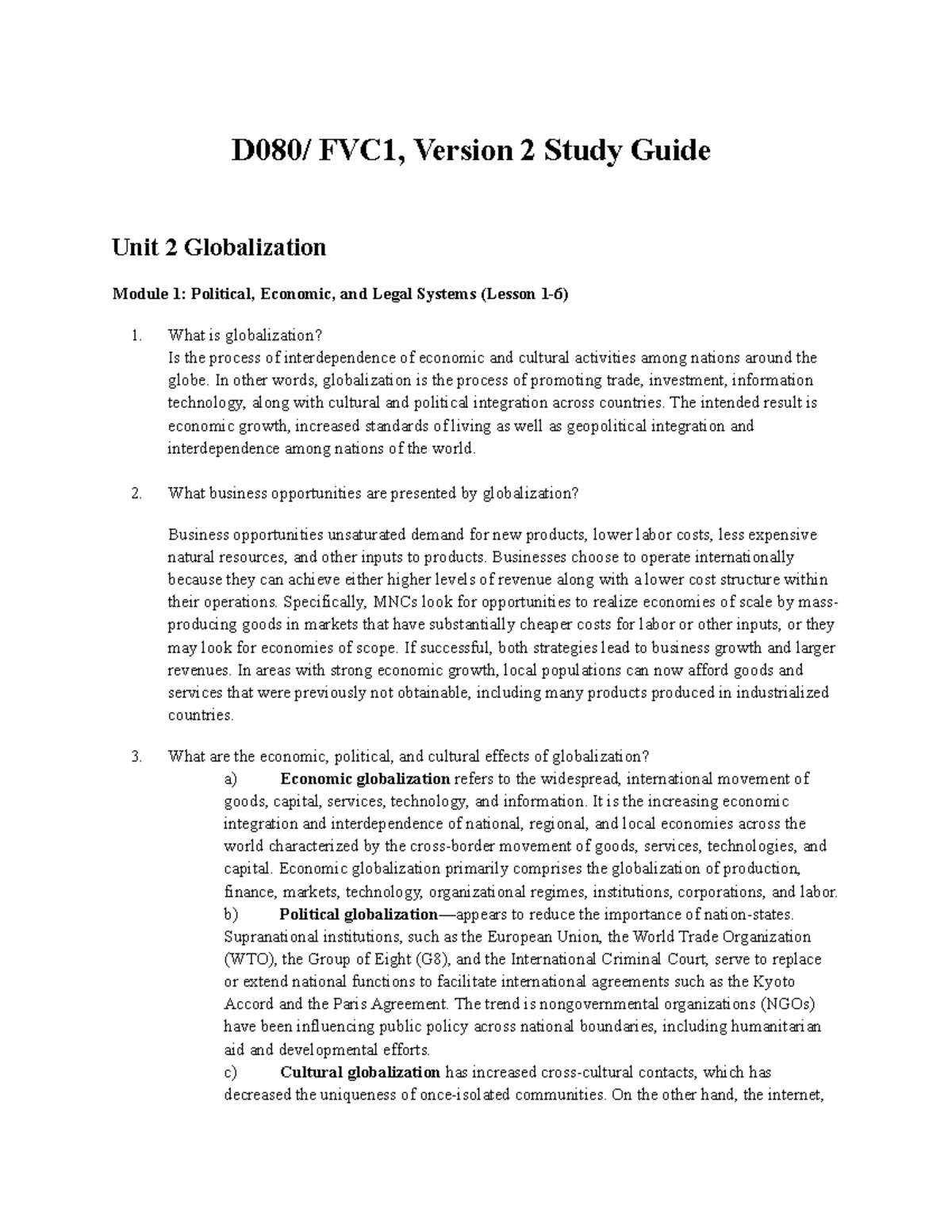 Study guide for D080 and V2 - Unit 2 Globalization Module 1: Political ...