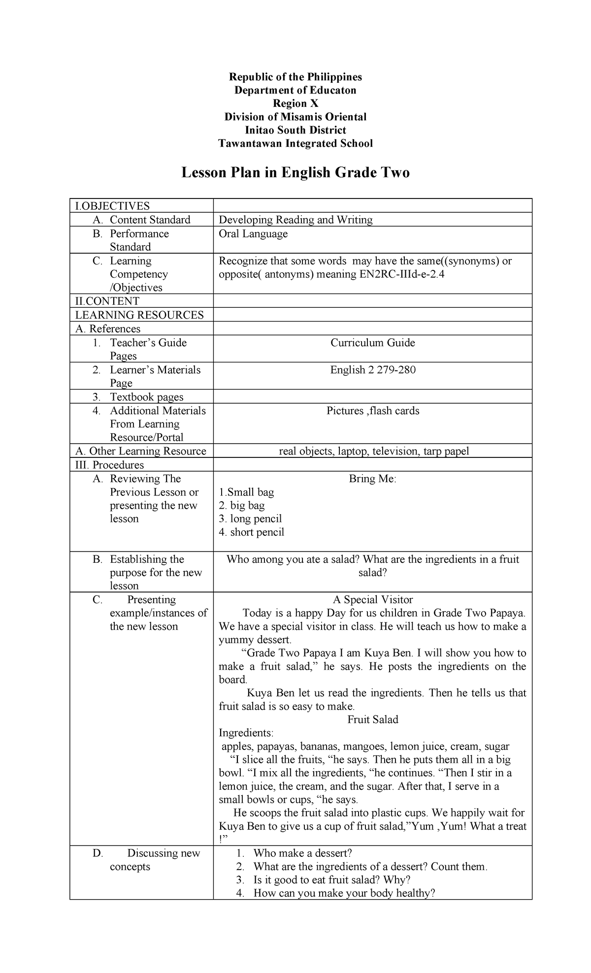 English 2 Lesson Plan: Synonyms & Antonyms for Grade 2 - Studocu