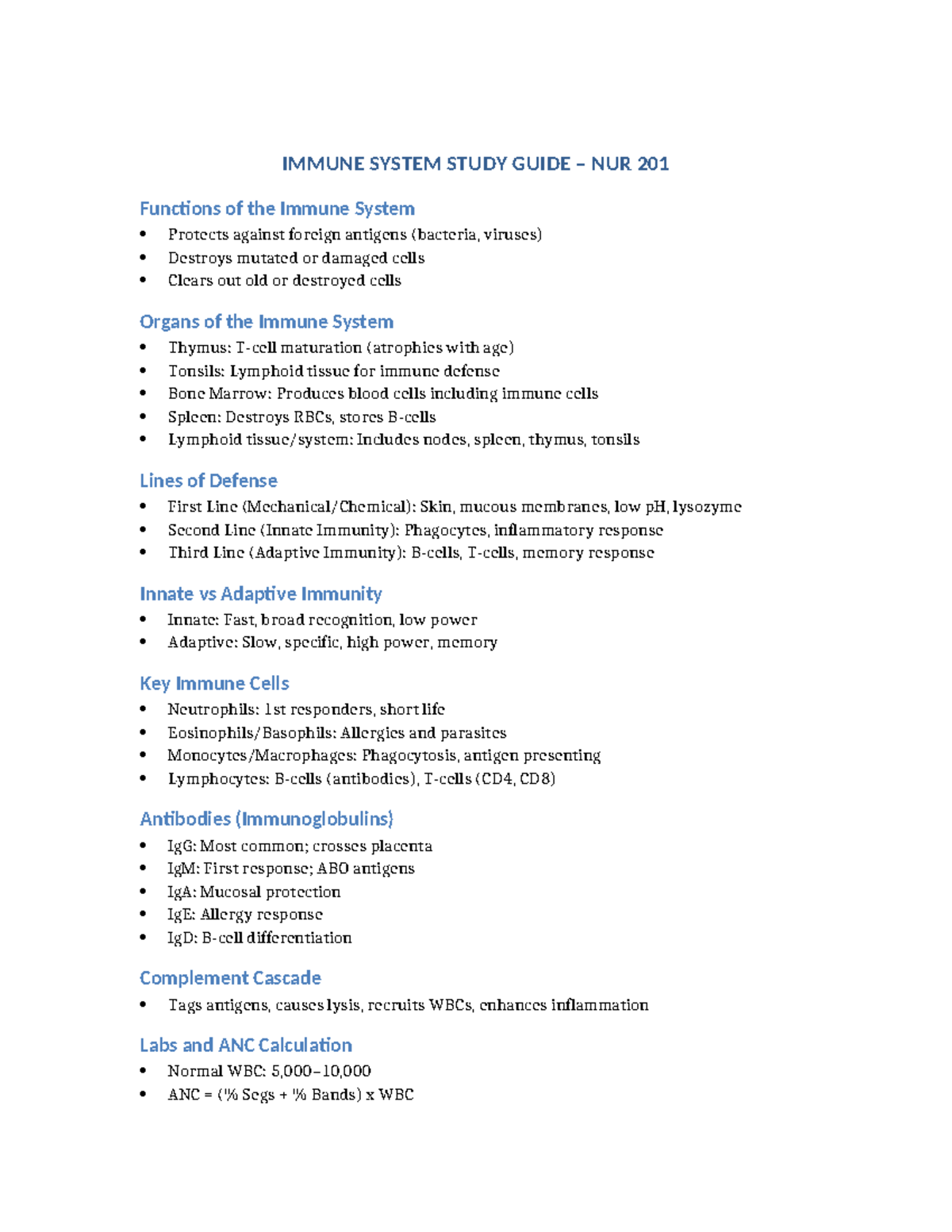 Immune System Study Guide NUR 201: Key Functions & Nursing Care - Studocu
