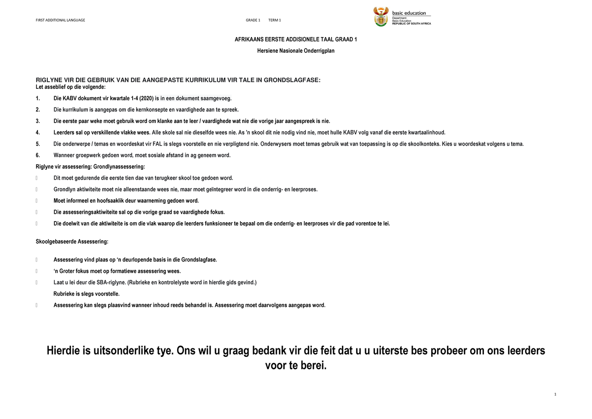 FIRST ADDITIONAL LANGUAGE GRADE 1 TERM 1 AFRIKAANS KABV RIGLYNE EN ...