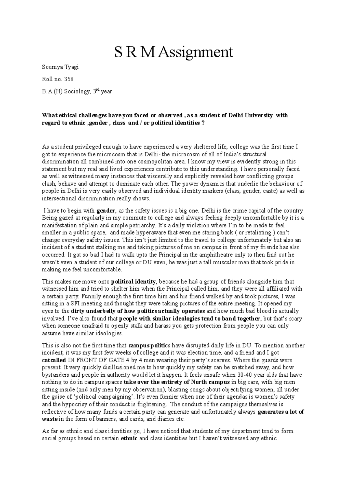S R M Assignment: Ethical Challenges in Delhi University Identities ...