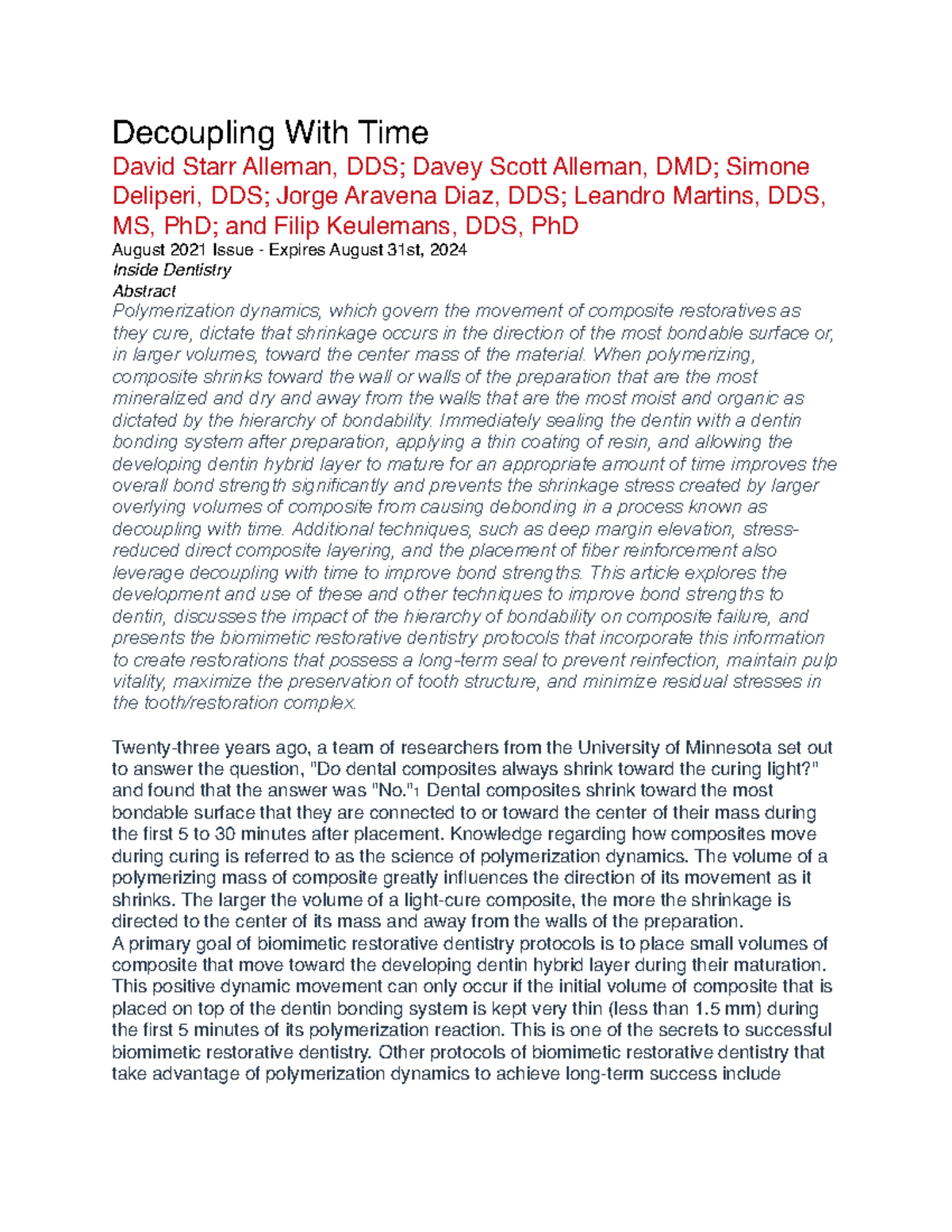 Decoupling with Time in Biomimetic Restorative Dentistry Techniques ...
