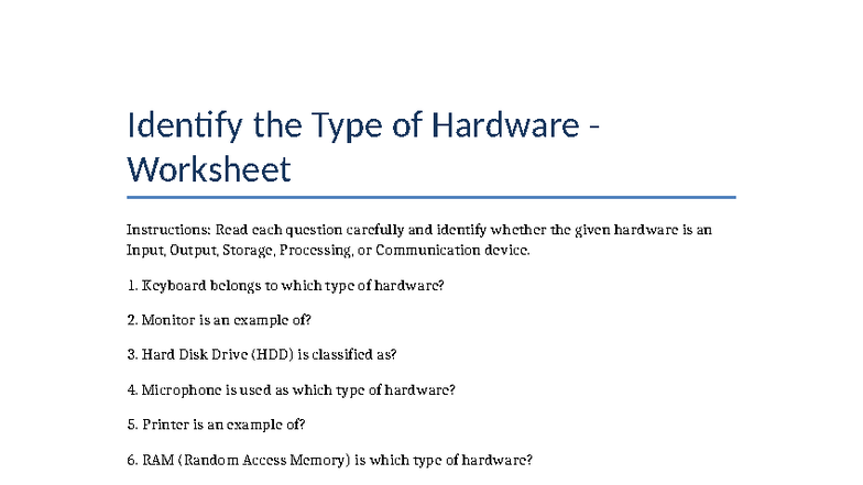 Identify Hardware Types: Input, Output, Storage, Processing - Studocu