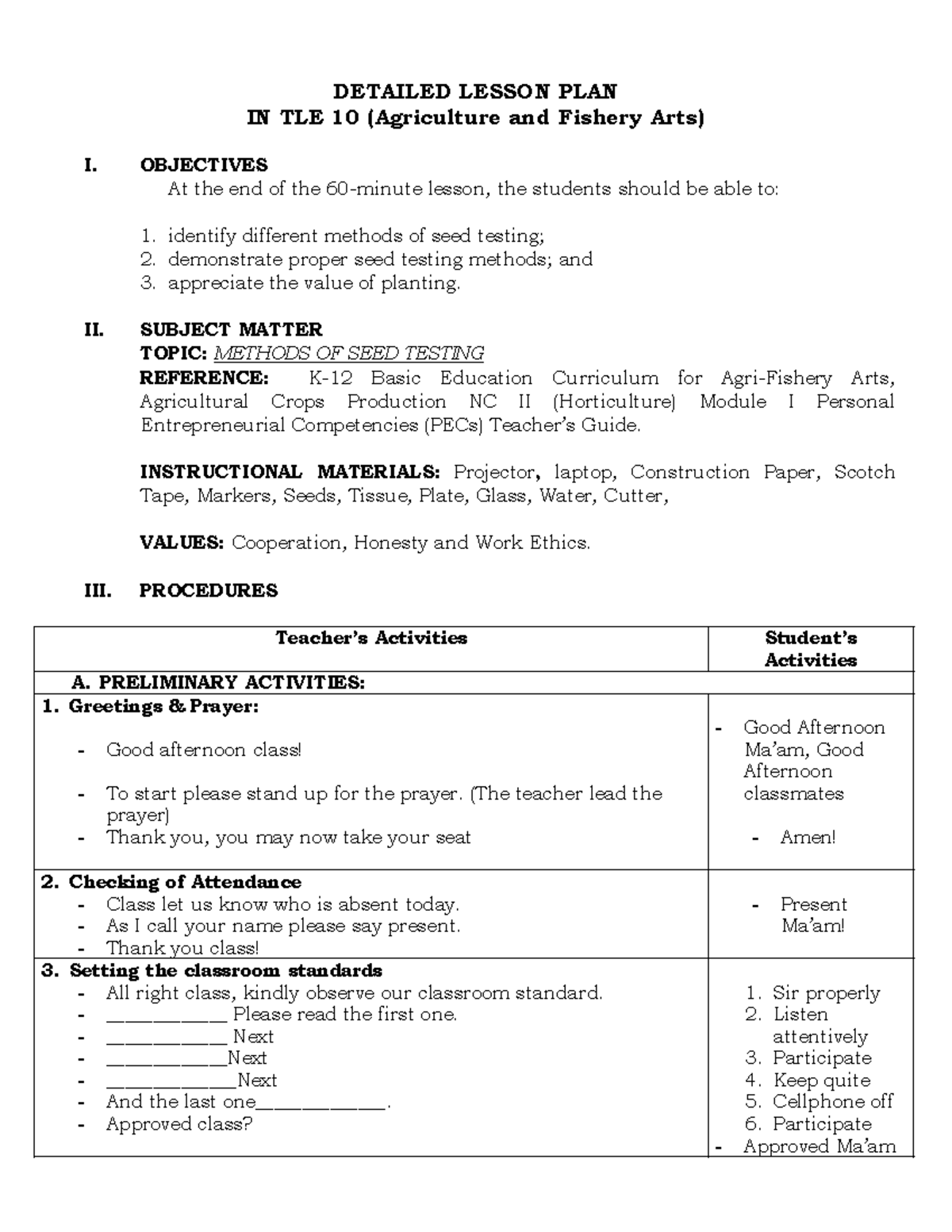 DETAILED LESSON PLAN IN TLE 10: METHODS OF SEED TESTING - Studocu