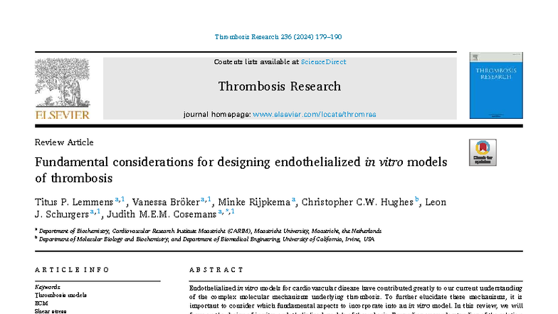 Fundamental Aspects of Endothelialized In Vitro Thrombosis Models - Studocu