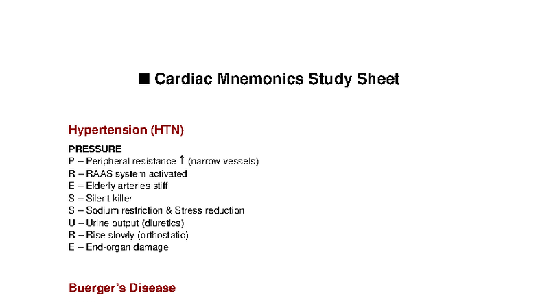 Cardiac Mnemonics Study Sheet for Hypertension & Heart Conditions - Studocu