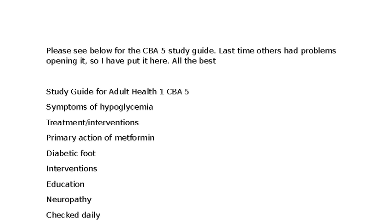 Study Guide for Adult Health 1 - CBA 5 Exam Prep & Interventions - Studocu