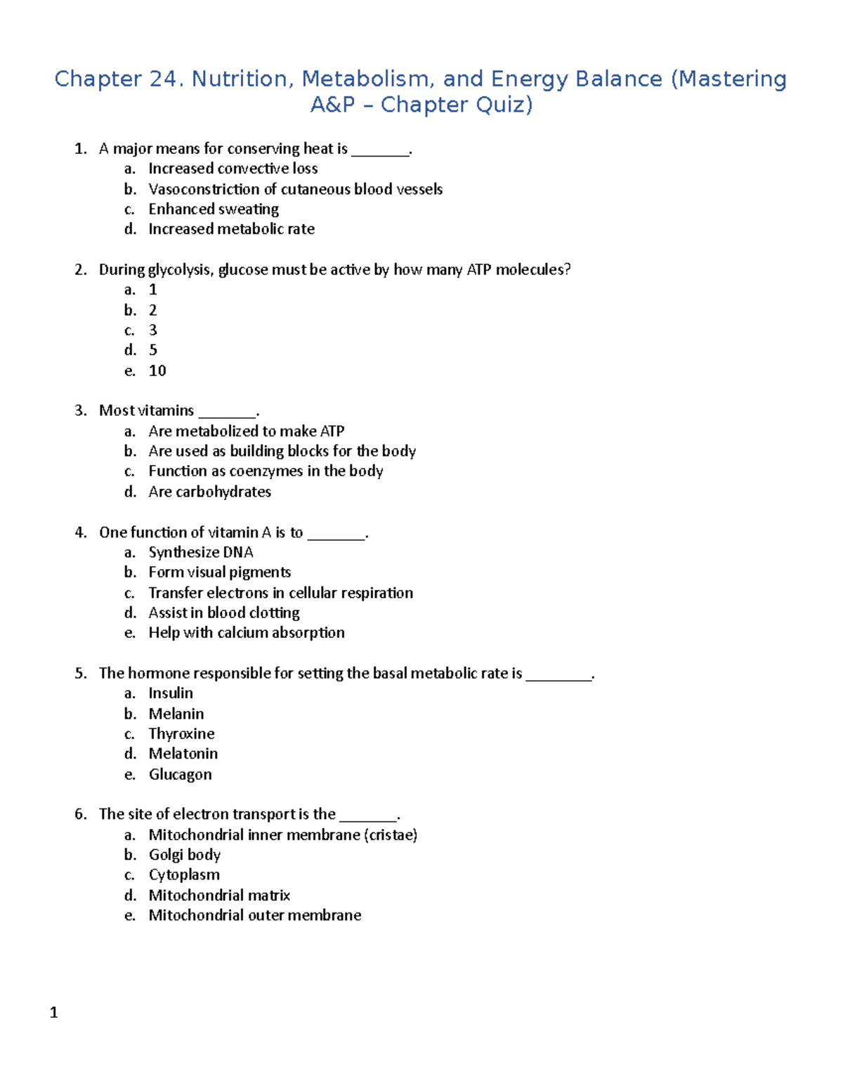 Chapter 24 Nutrition, Metabolism & Energy Balance Quiz (A&P) - Studocu