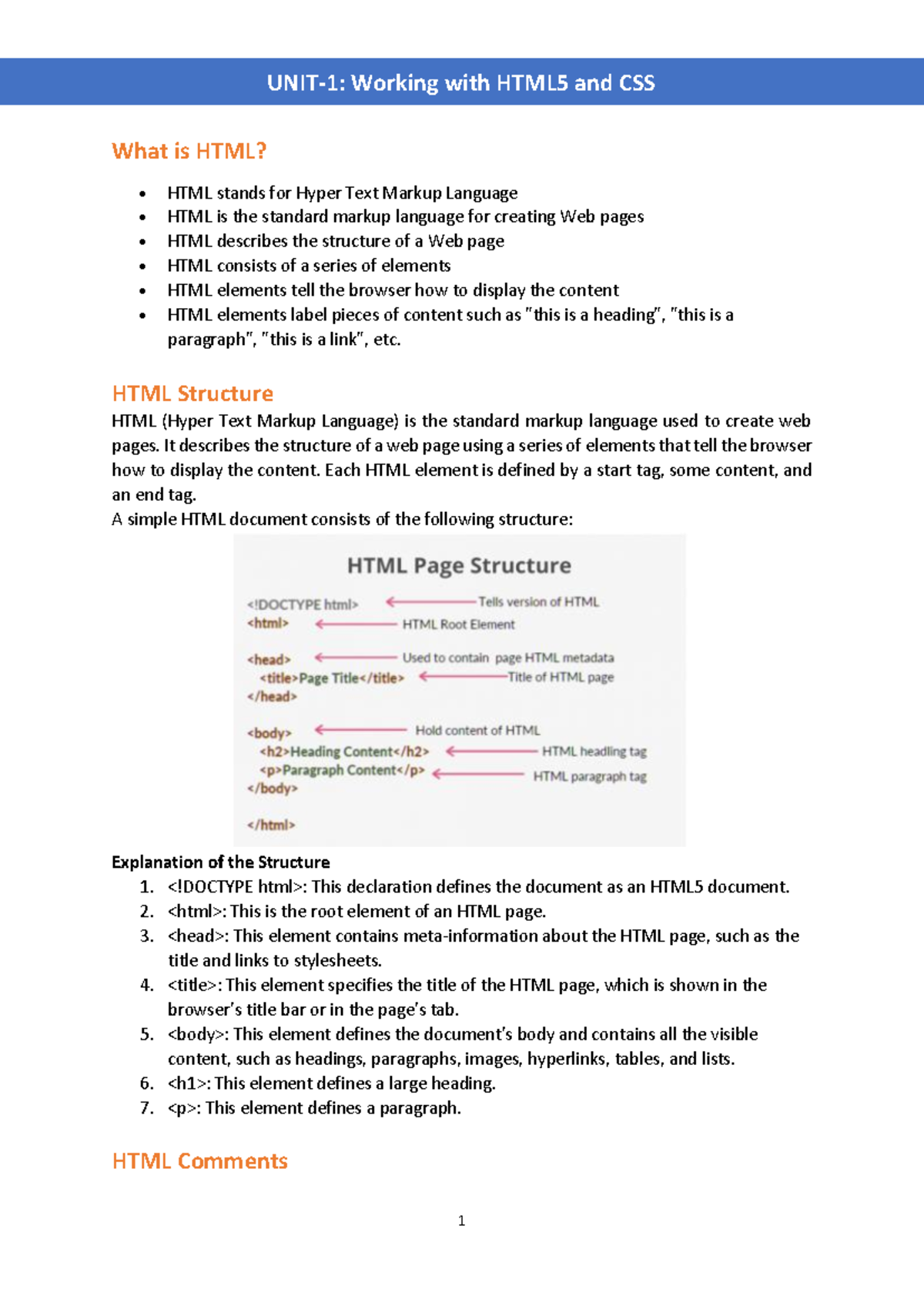 Unit 1 - Web Design: Introduction to HTML5 and CSS Elements - Studocu