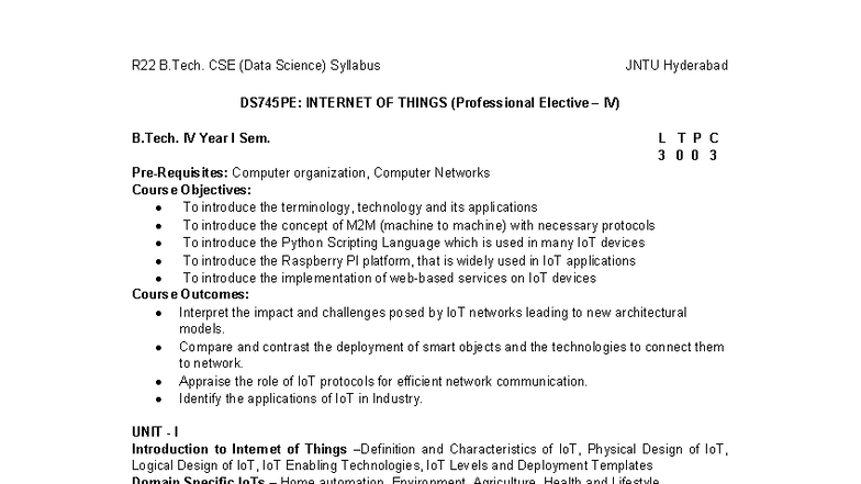 R22 B.Tech. CSE DS745PE: IoT Syllabus for IV Year I Sem. - Studocu