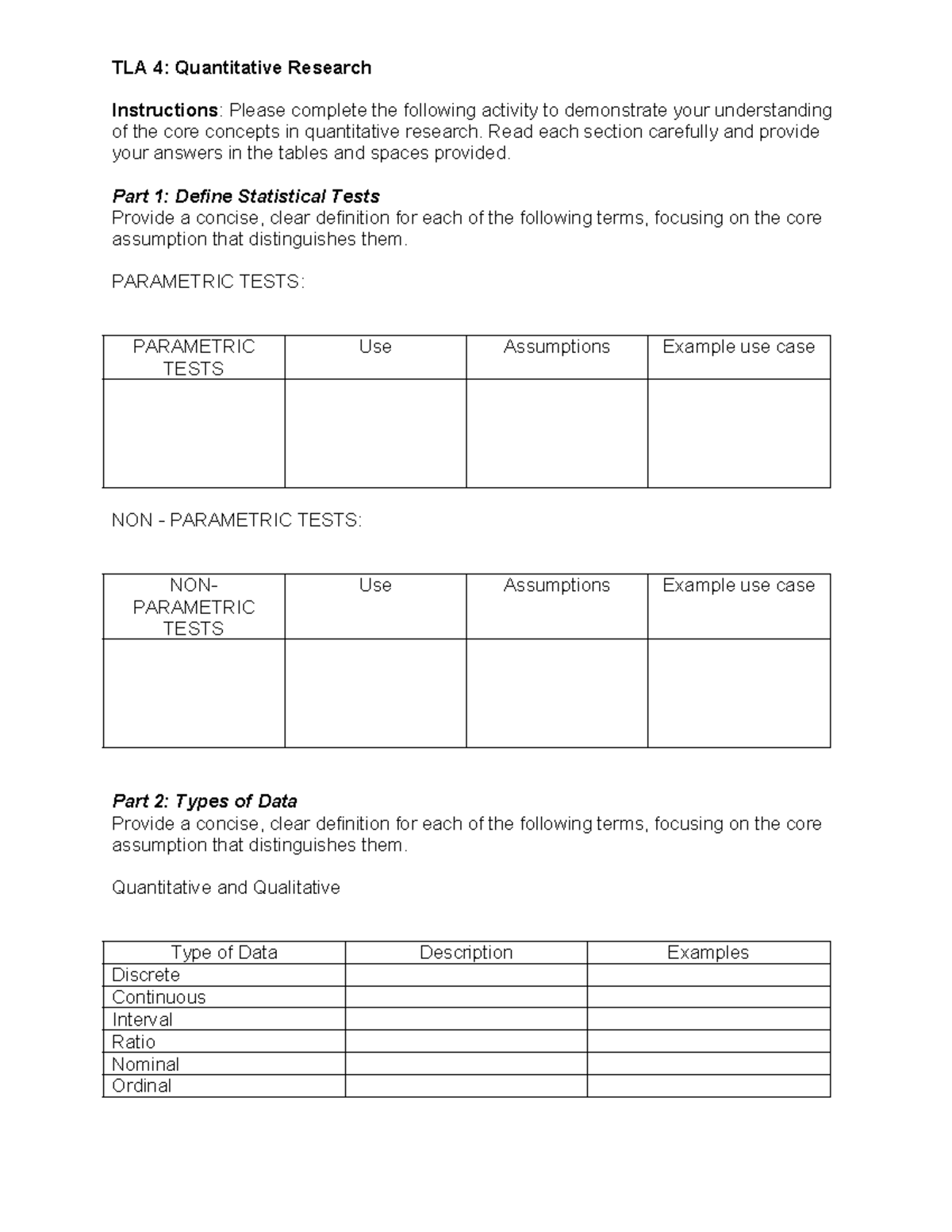 TLA-4: Quantitative Research & Statistical Tests Overview - Studocu