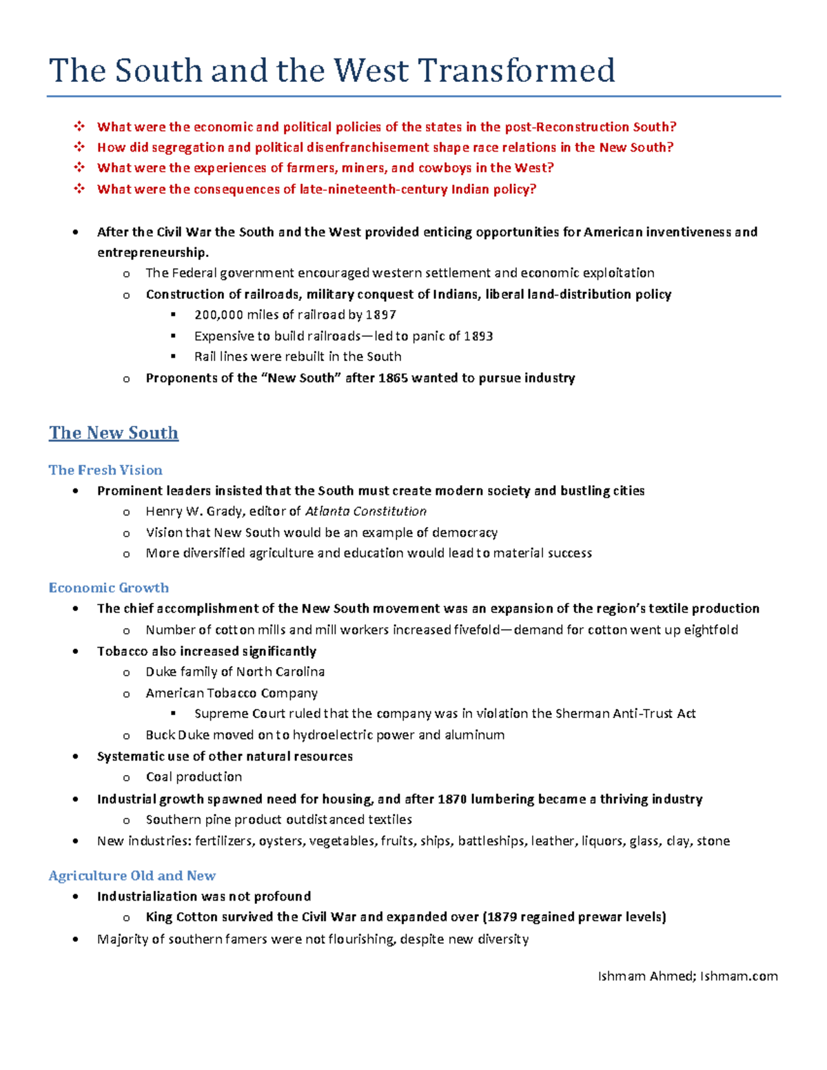 Chapter 19 - Transformation of the South & West in Post-Civil War ...