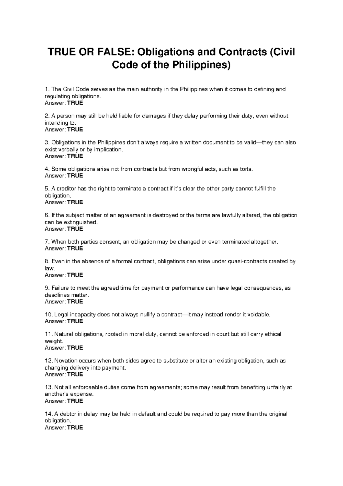 Obligations and Contracts: True or False Analysis (Philippines) - Studocu