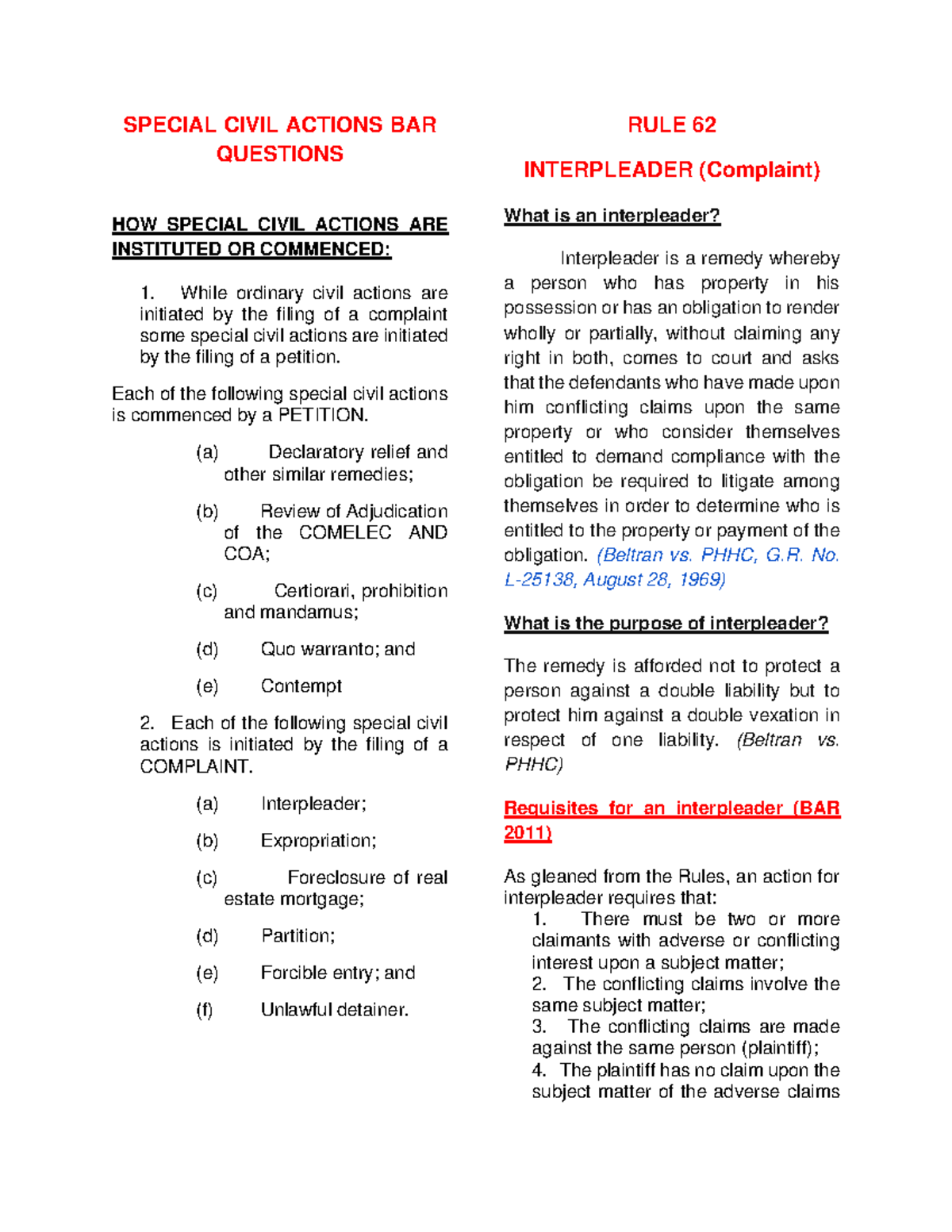 Barqa-SCA: Special Civil Actions - Previous Bar Questions and Answers ...