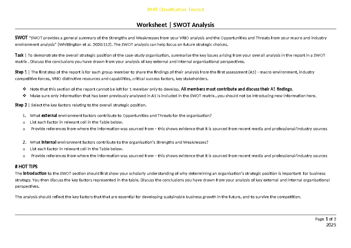 SWOT Analysis assignment 2 - RMIT Classification: Trusted Worksheet ...