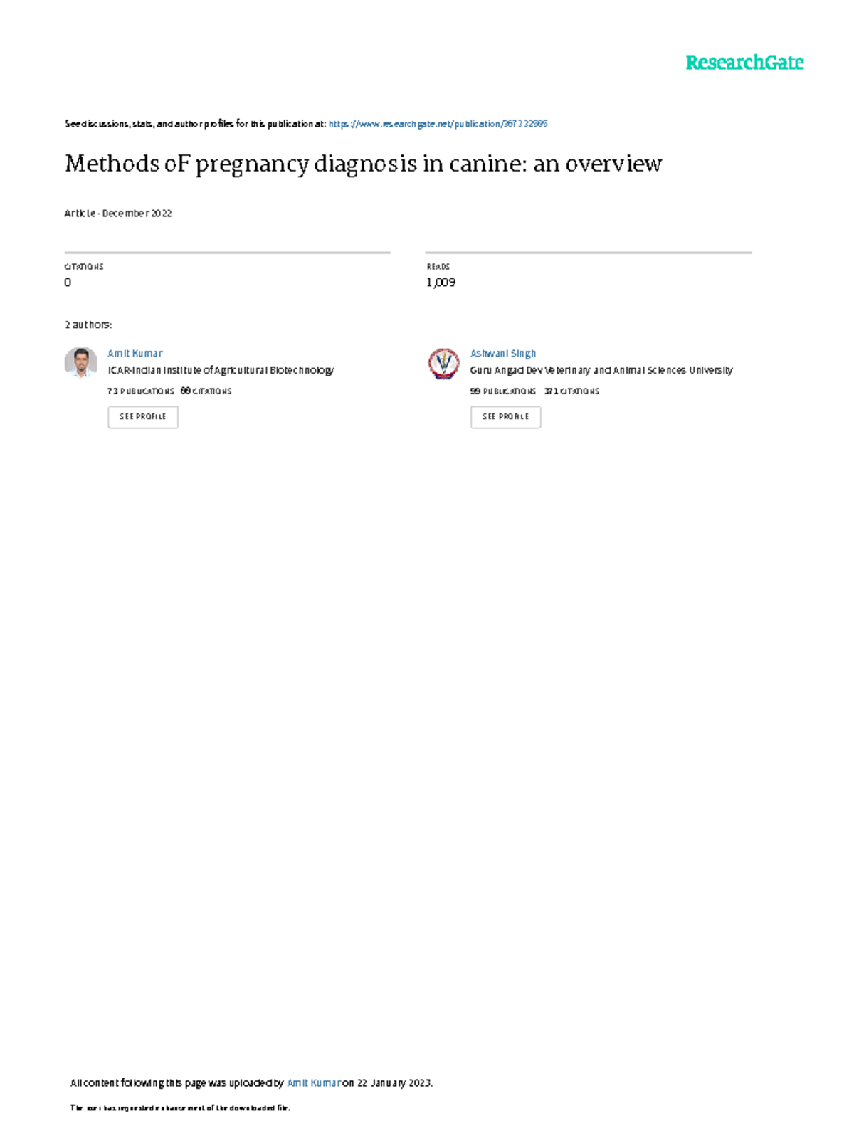 Methods of Canine Pregnancy Diagnosis: An Overview (Vet Alumnus Vol. 44 ...