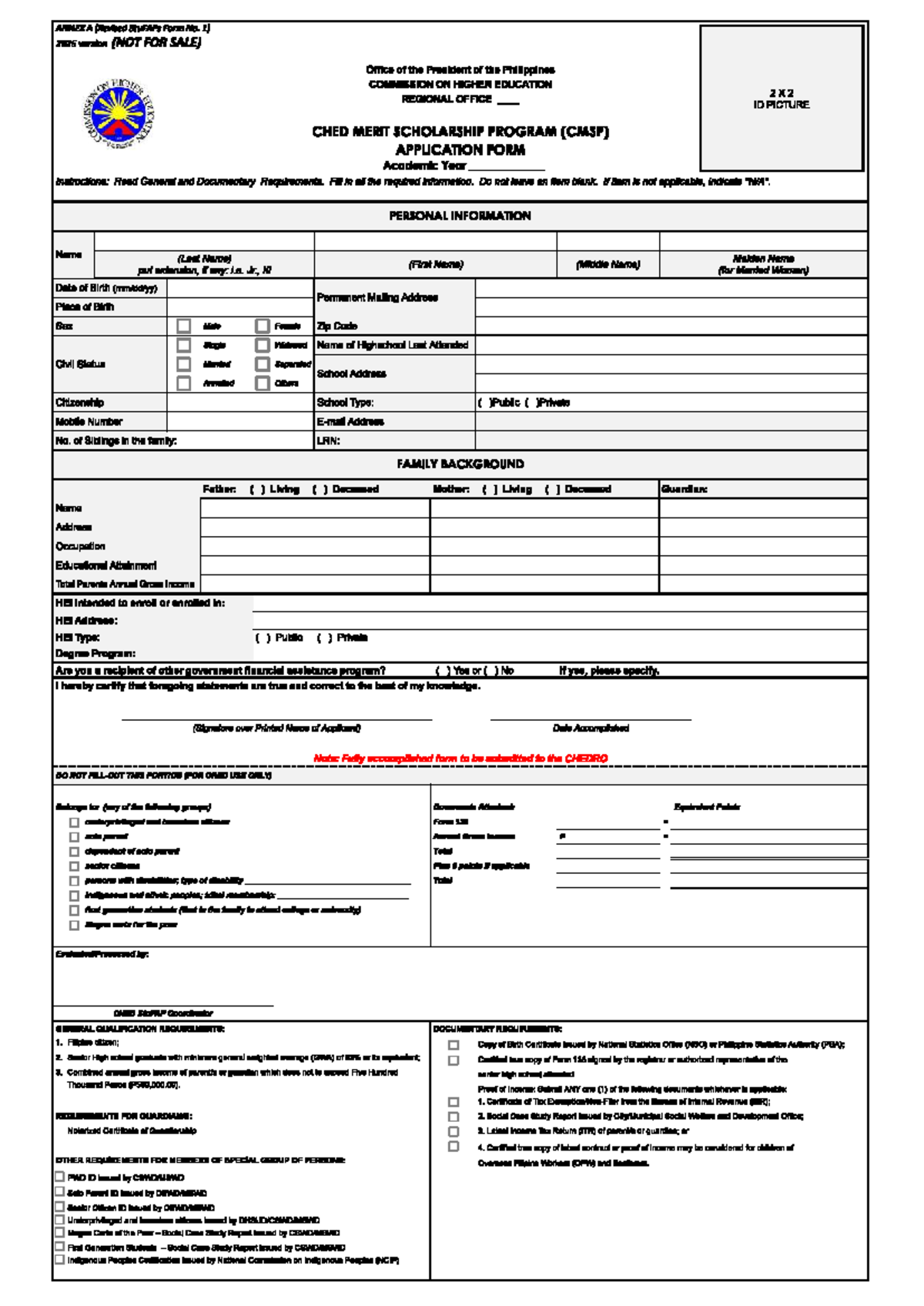 CMSP Application Form 2025 - CHED Merit Scholarship Program - Studocu