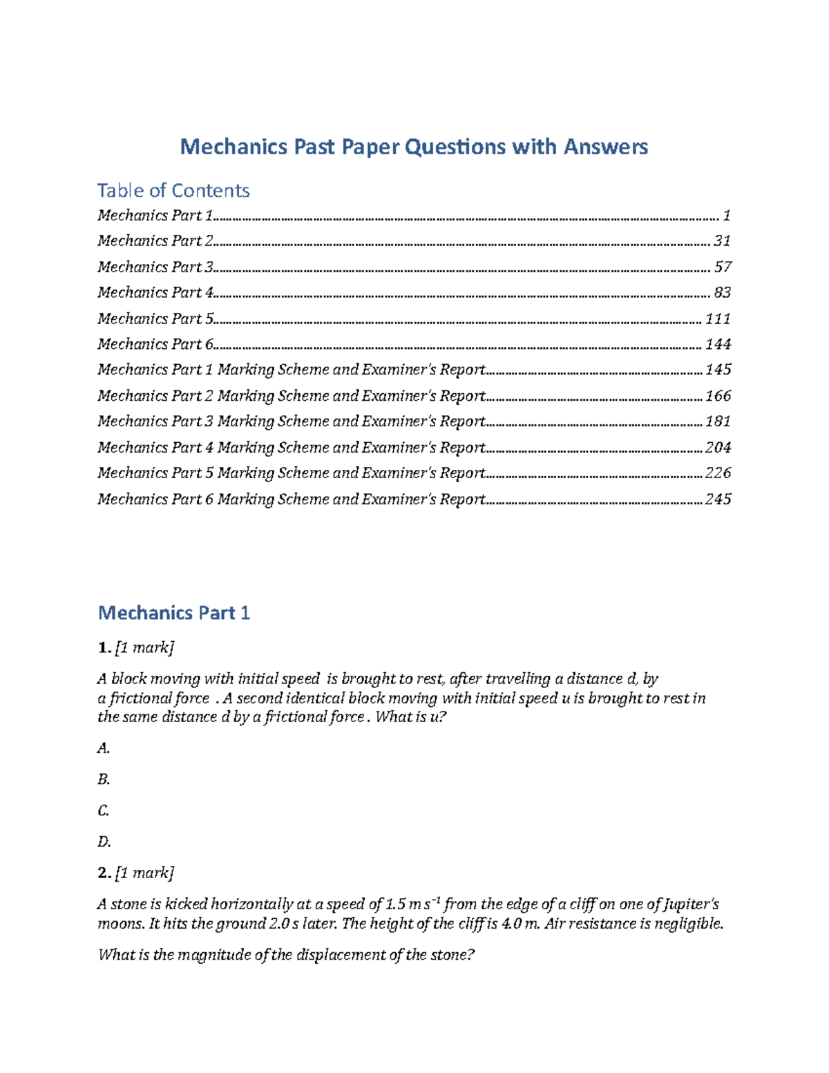 Mechanics Past Exam Paper Qs & As (Including Marking Schemes) - Studocu