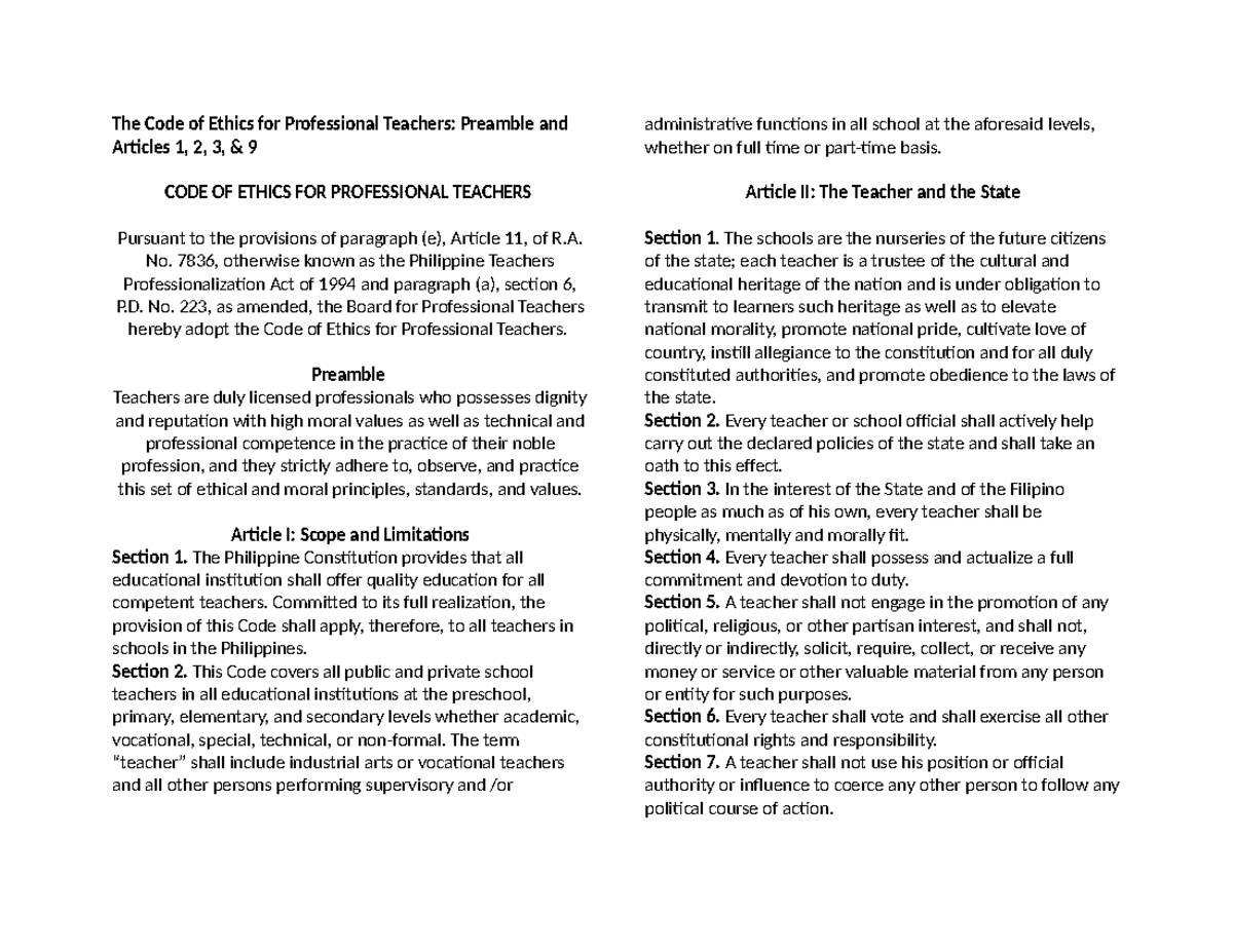 EDUC 10- Handouts for midterm - The Code of Ethics for Professional ...
