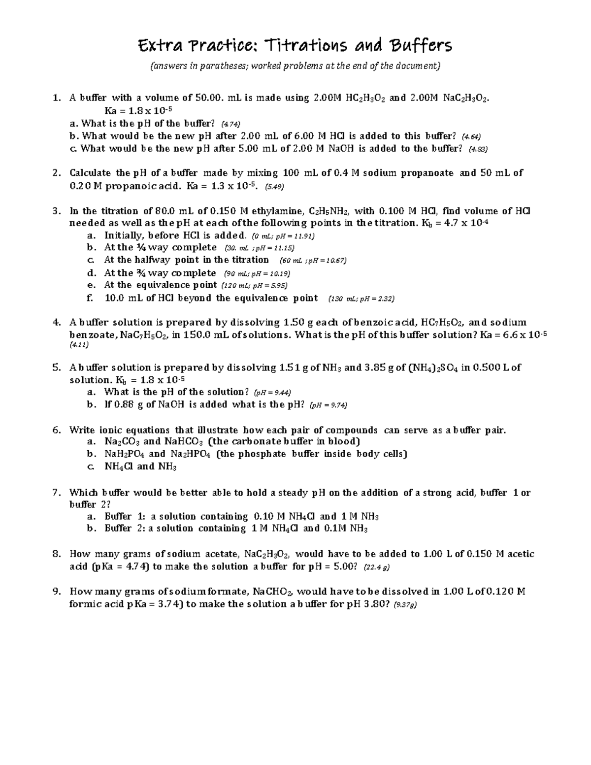 Extra Practice: Titrations and Buffers with KEY (KP) 25-26 - Studocu