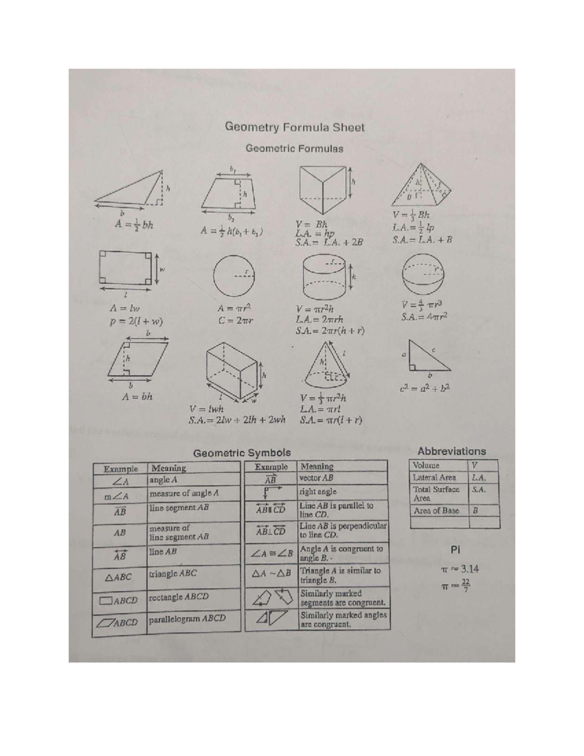 Geometry Formula Sheet: Key Geometric Formulas and Symbols - Studocu