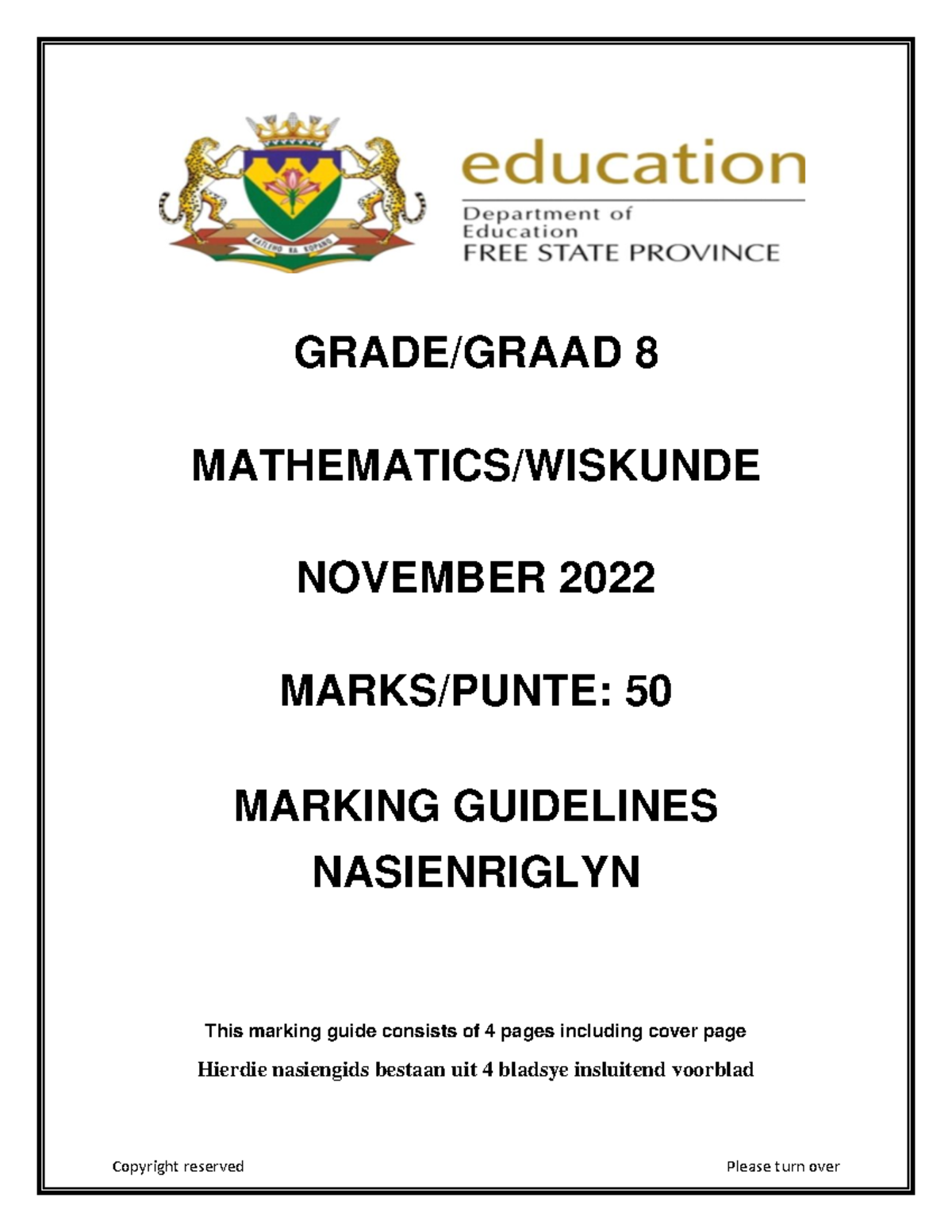 Grade 8 Nov 2022 Math Test P1 Marking Guidelines (ENG AFR) - Studocu