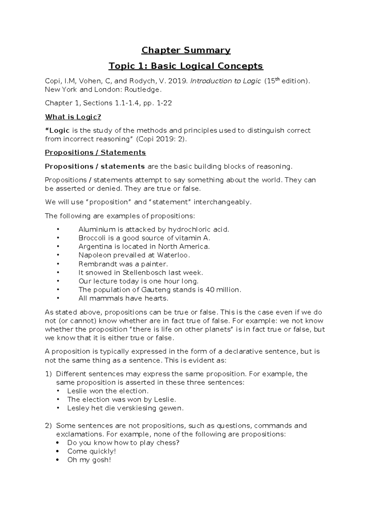 Chapter Summary - Topic 1: Basic Logical Concepts (Logic 101) - Studocu